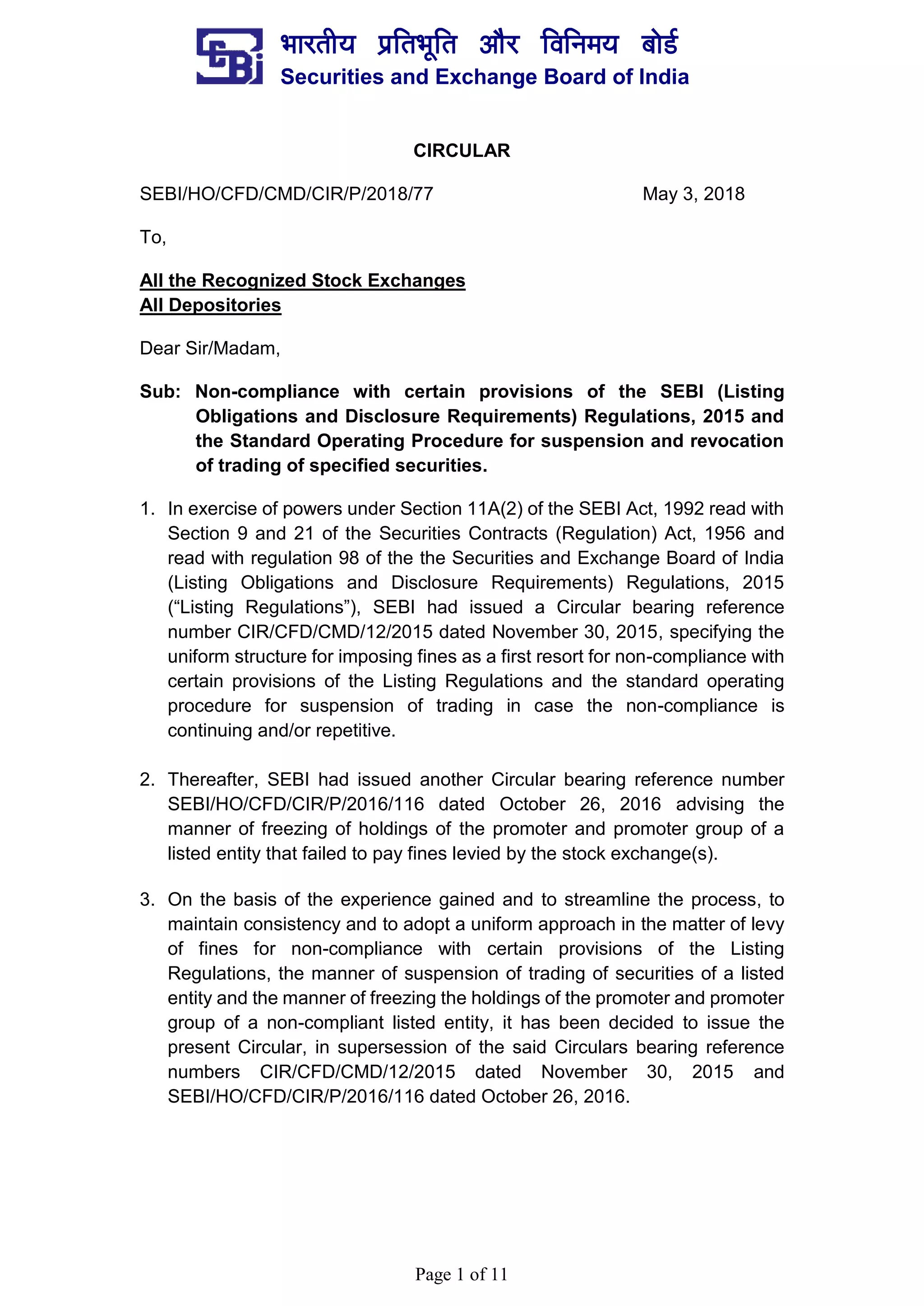 Latest Circular on Non compliance of SEBI LODR Regulations | PDF