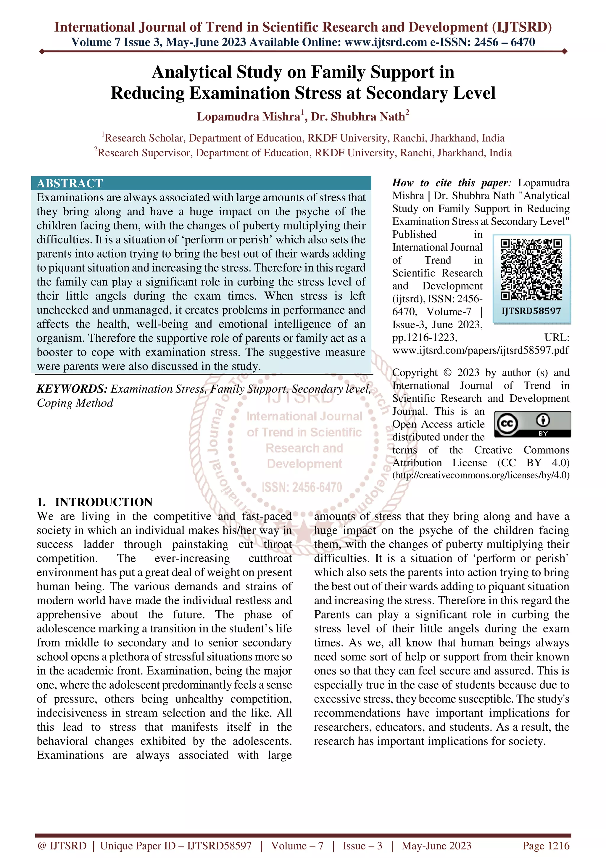 Analytical Study on Family Support in Reducing Examination Stress at ...