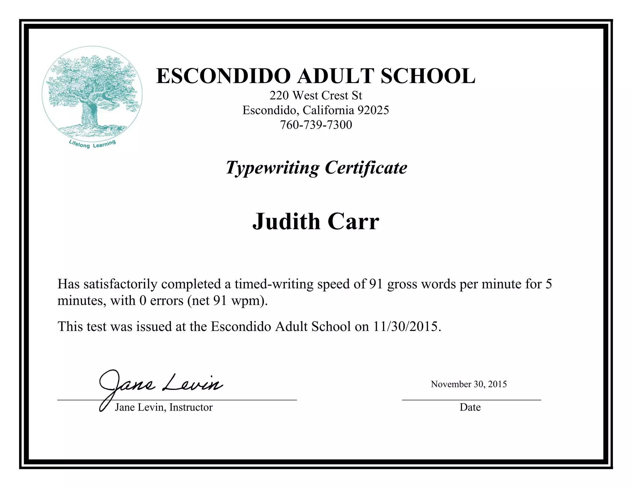 Adult School Typing Certificate-J Carr | PDF