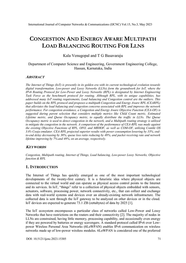 CONGESTION AND ENERGY AWARE MULTIPATH LOAD BALANCING ROUTING FOR LLNS | PDF