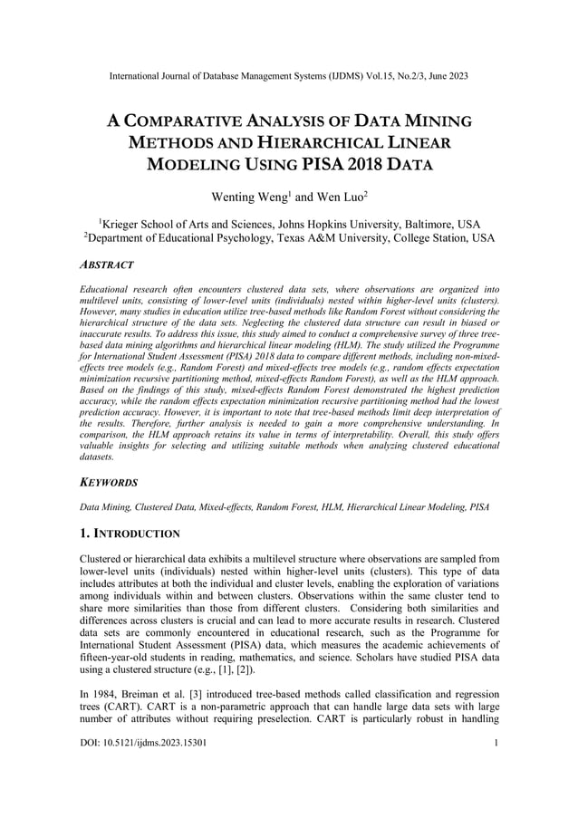 A COMPARATIVE ANALYSIS OF DATA MINING METHODS AND HIERARCHICAL LINEAR MODELING USING PISA 2018 ...