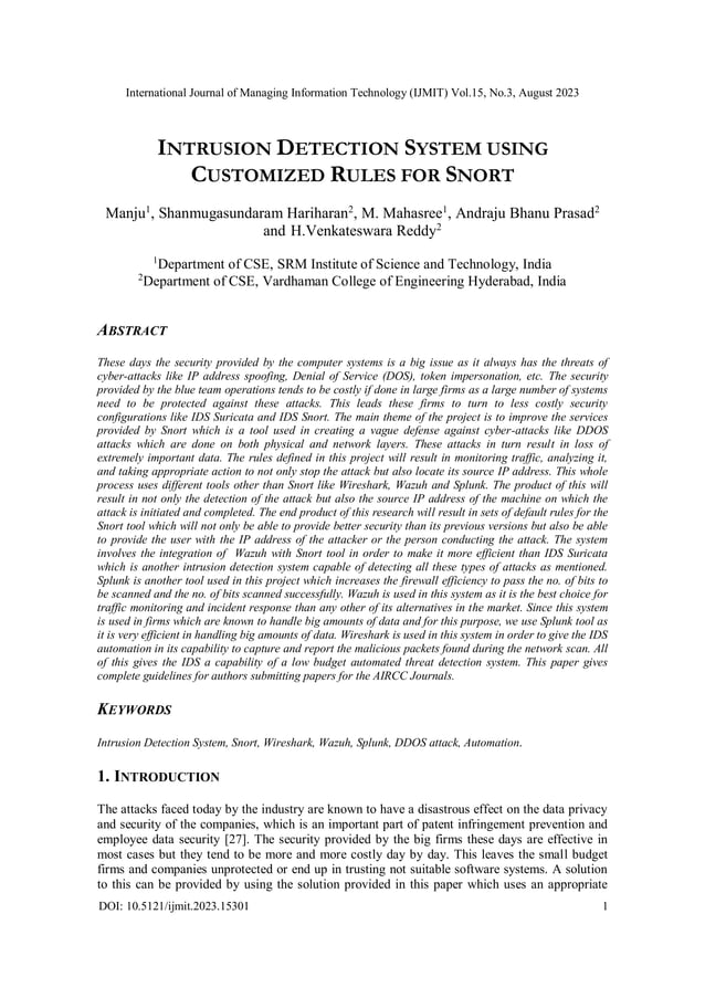INTRUSION DETECTION SYSTEM USING CUSTOMIZED RULES FOR SNORT | PDF