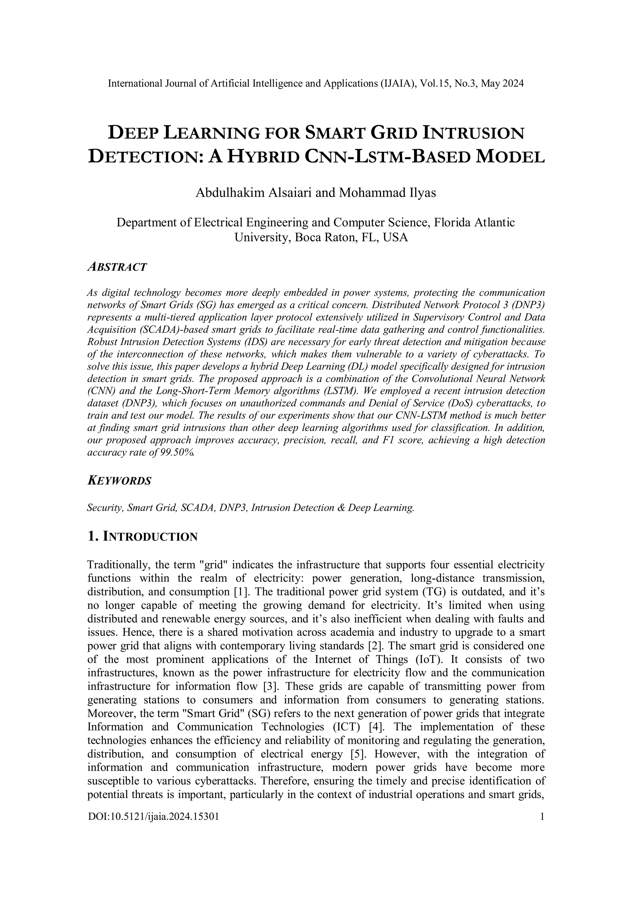 DEEP LEARNING FOR SMART GRID INTRUSION DETECTION: A HYBRID CNN-LSTM-BASED MODEL | PDF