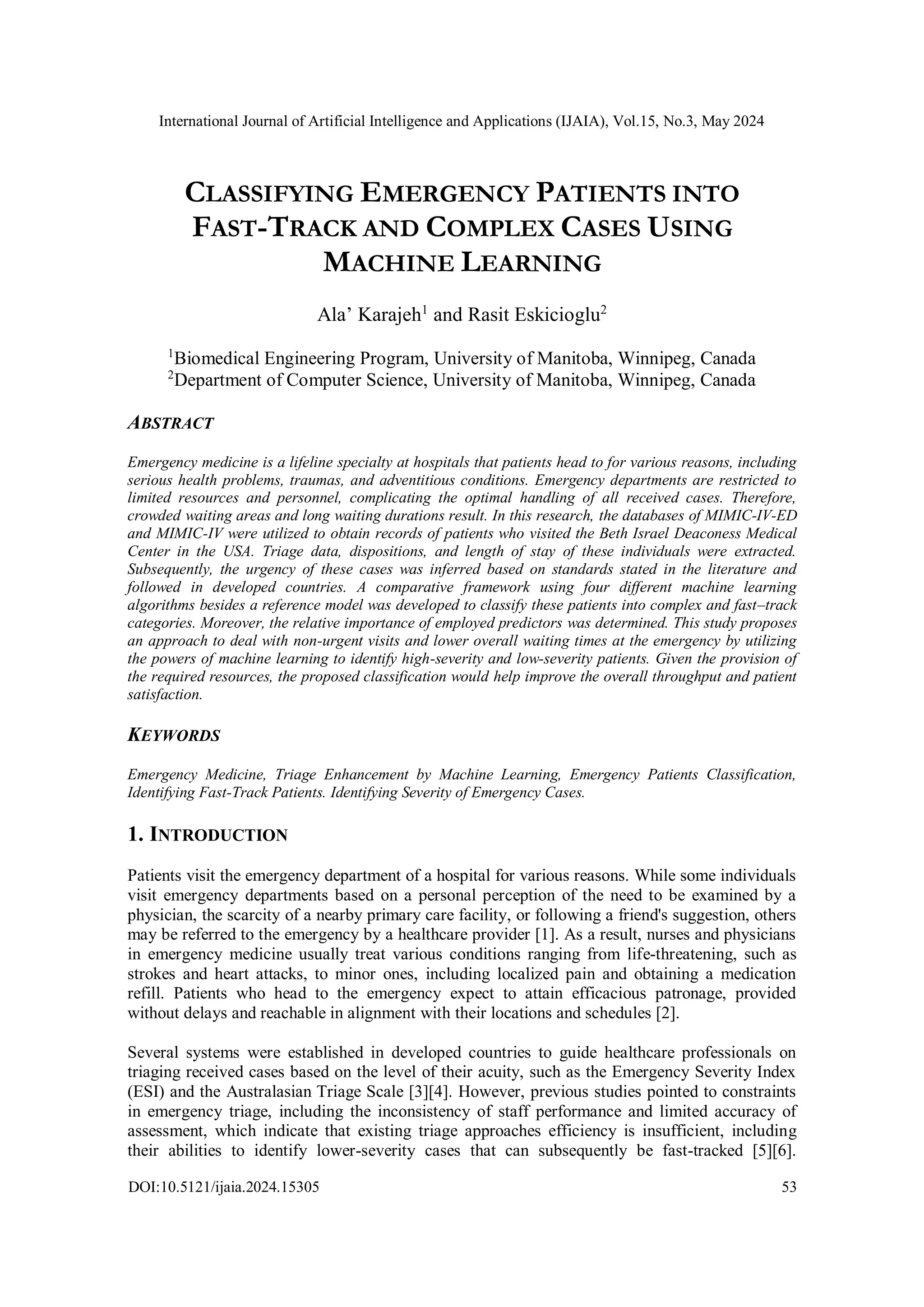 Classifying Emergency Patients into Fast-Track and Complex Cases using Machine Learning | PDF