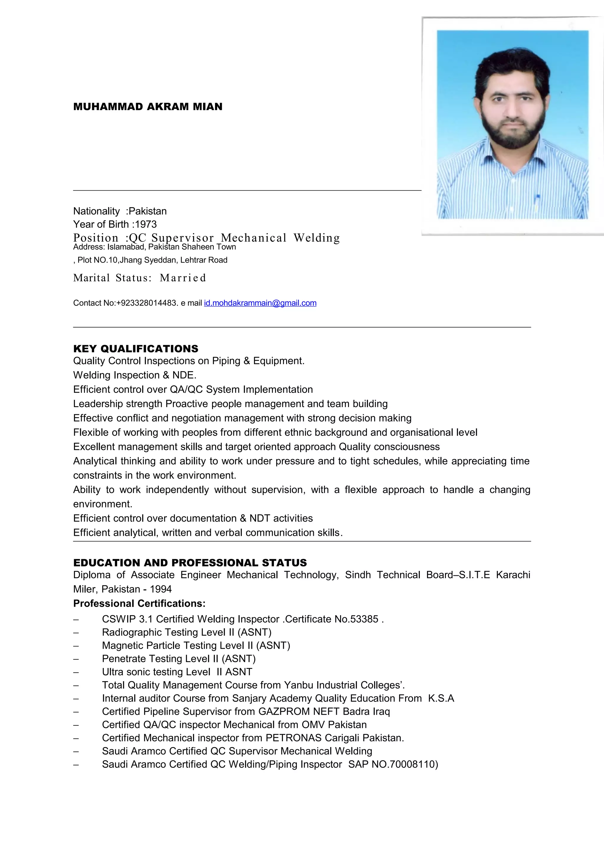 AKRAM CV QC Supervisor Mechanical | DOC