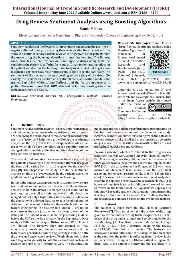 Drug Review Sentiment Analysis using Boosting Algorithms | PDF