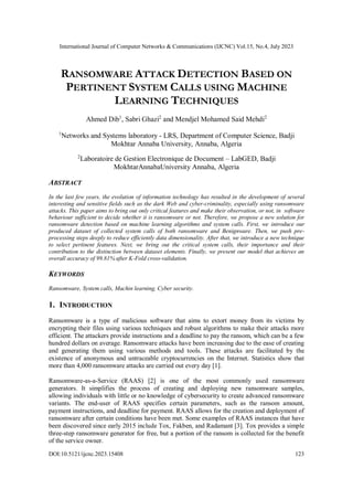 Ransomware Attack Detection Based on Pertinent System Calls Using Machine Learning Techniques | PDF