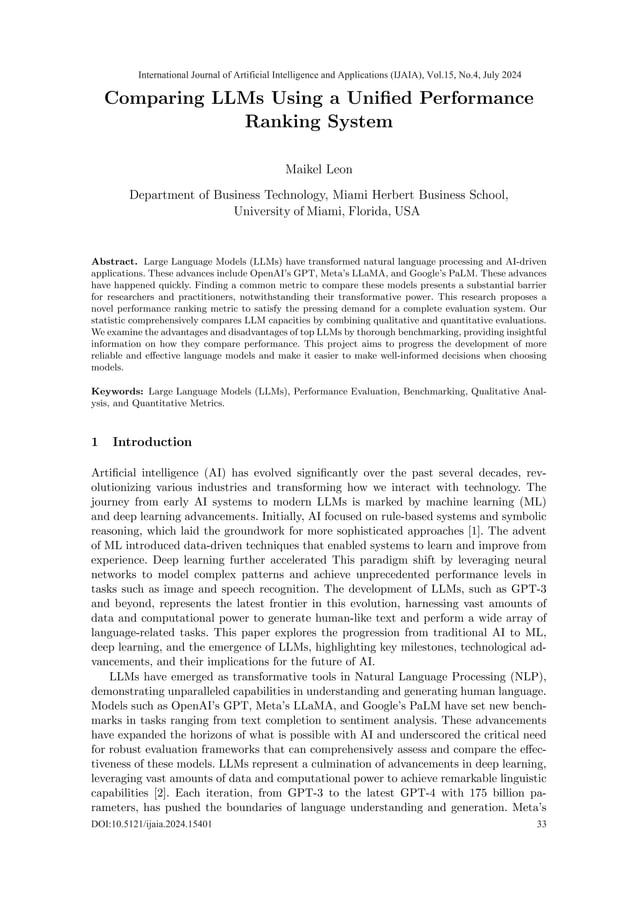 Comparing LLMs Using a Unified Performance Ranking System | PDF
