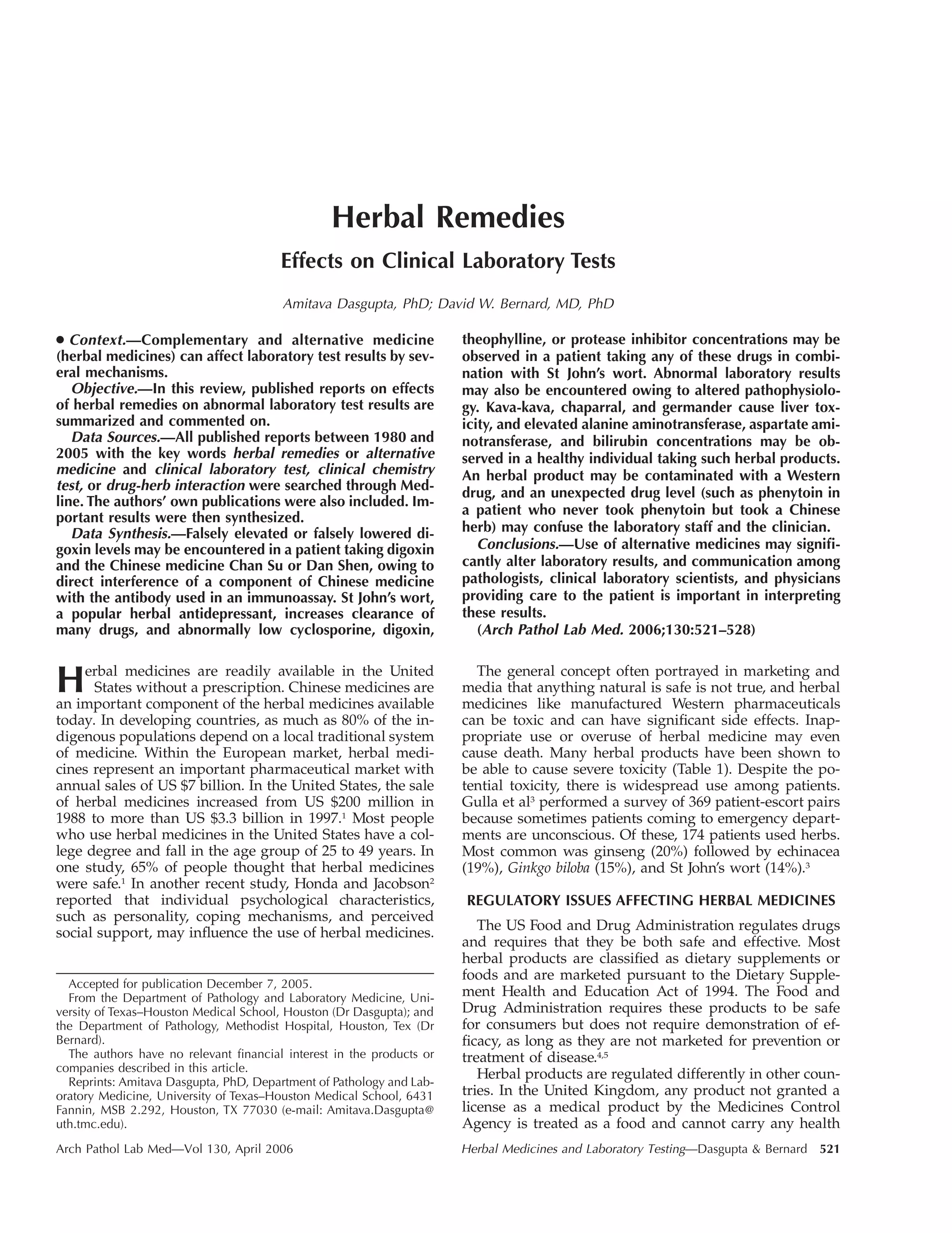 Herbal Medicine : Effect of clinical laboratory test | PDF