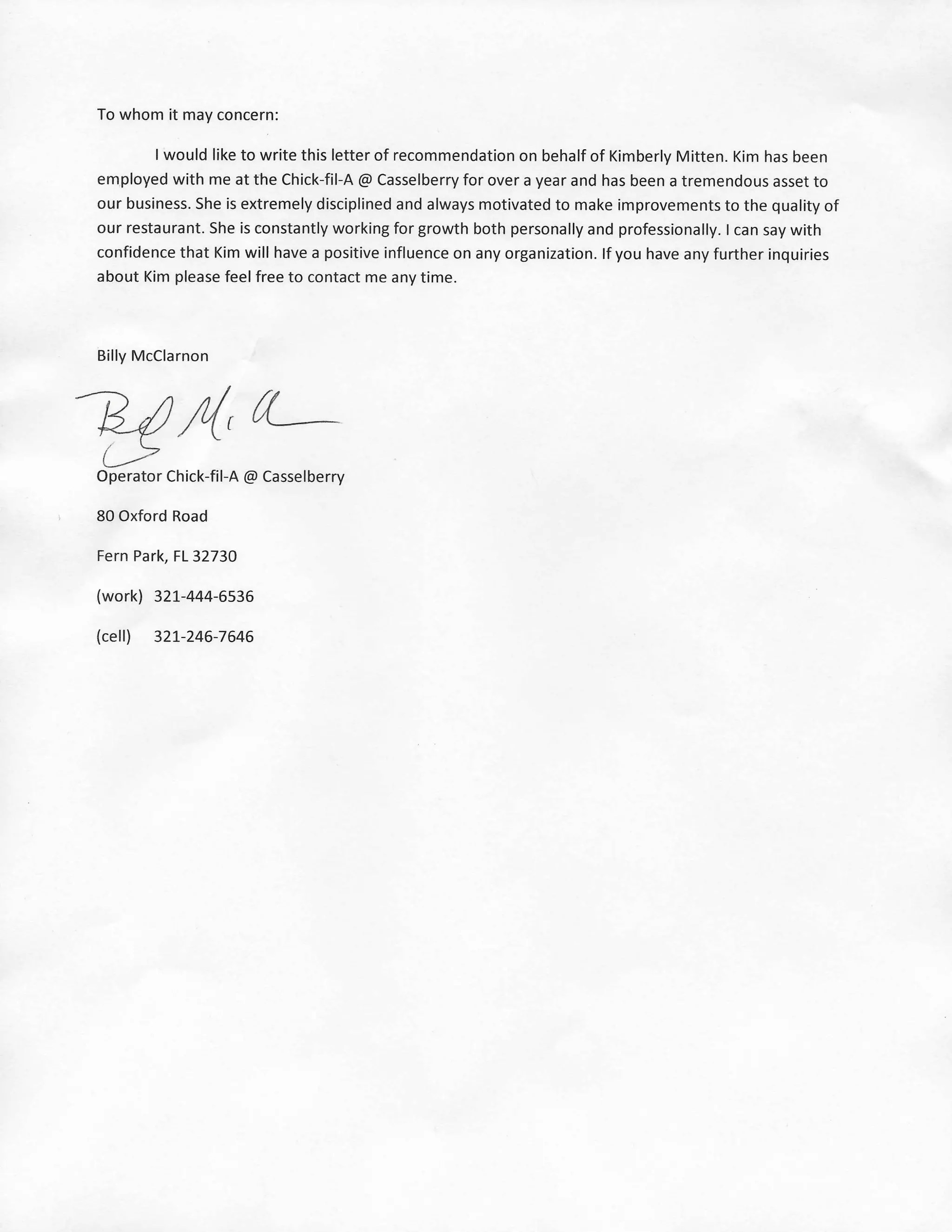Chick-Fil-A recommendation letter | PDF