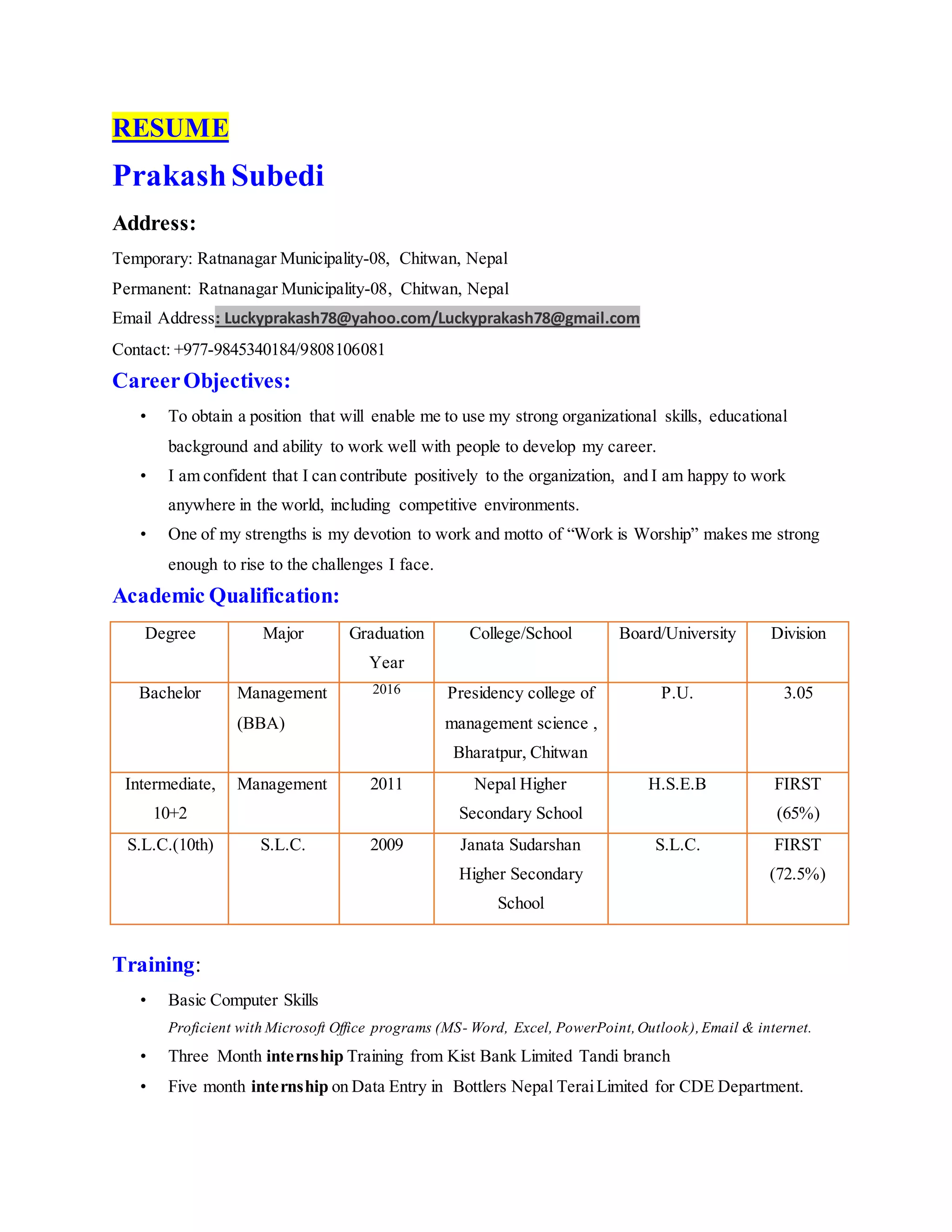 resume @ prakash | DOCX | Undergraduate Education | College Education