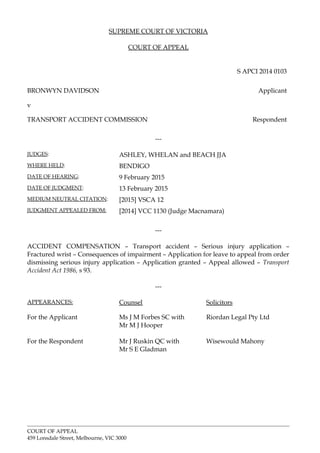 Davidson v Transport Accident Commission [2015] VSCA 12 | RTF