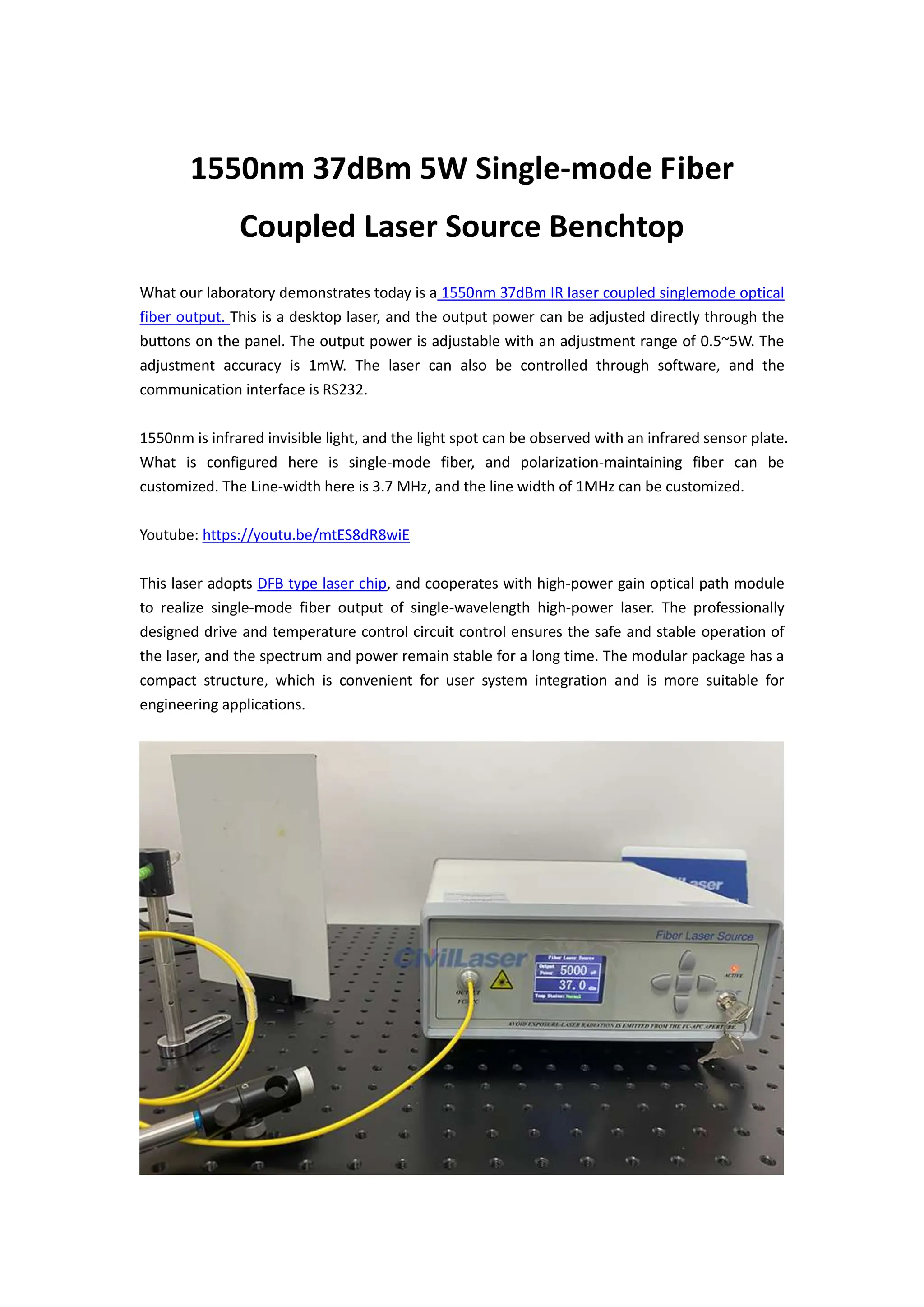 1550nm 37dBm 5W SM Fiber Laser Source Benchtop | PDF