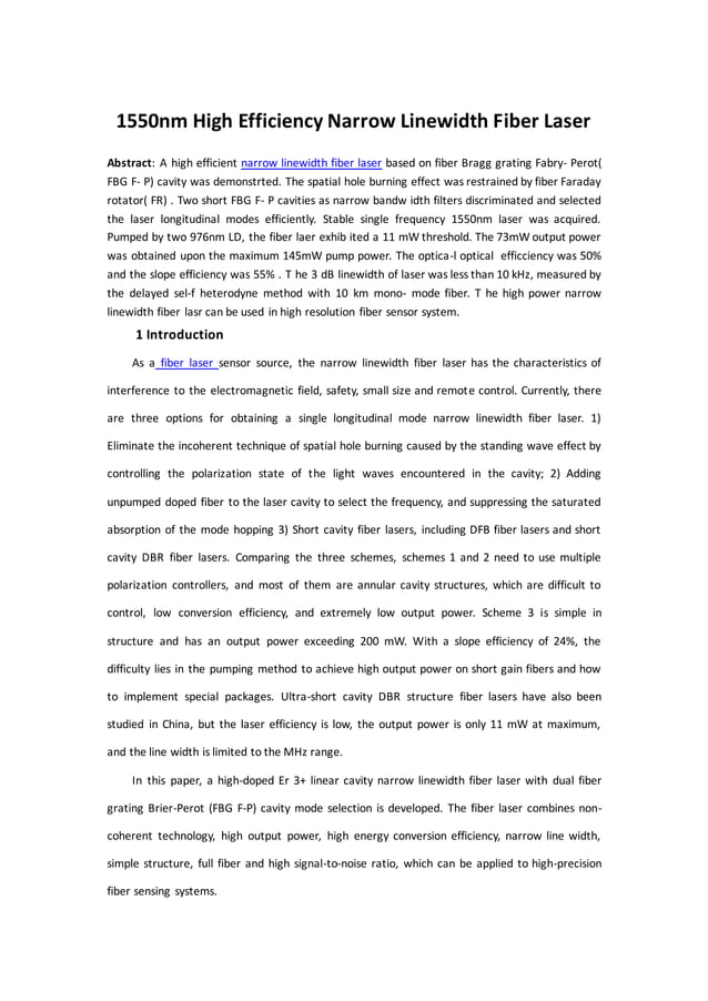 1550nm high efficiency narrow linewidth fiber laser | PDF