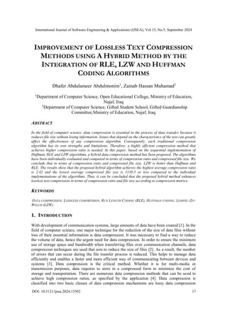 IMPROVEMENT OF LOSSLESS TEXT COMPRESSION METHODS USING A HYBRID METHOD BY THE INTEGRATION OF RLE ...