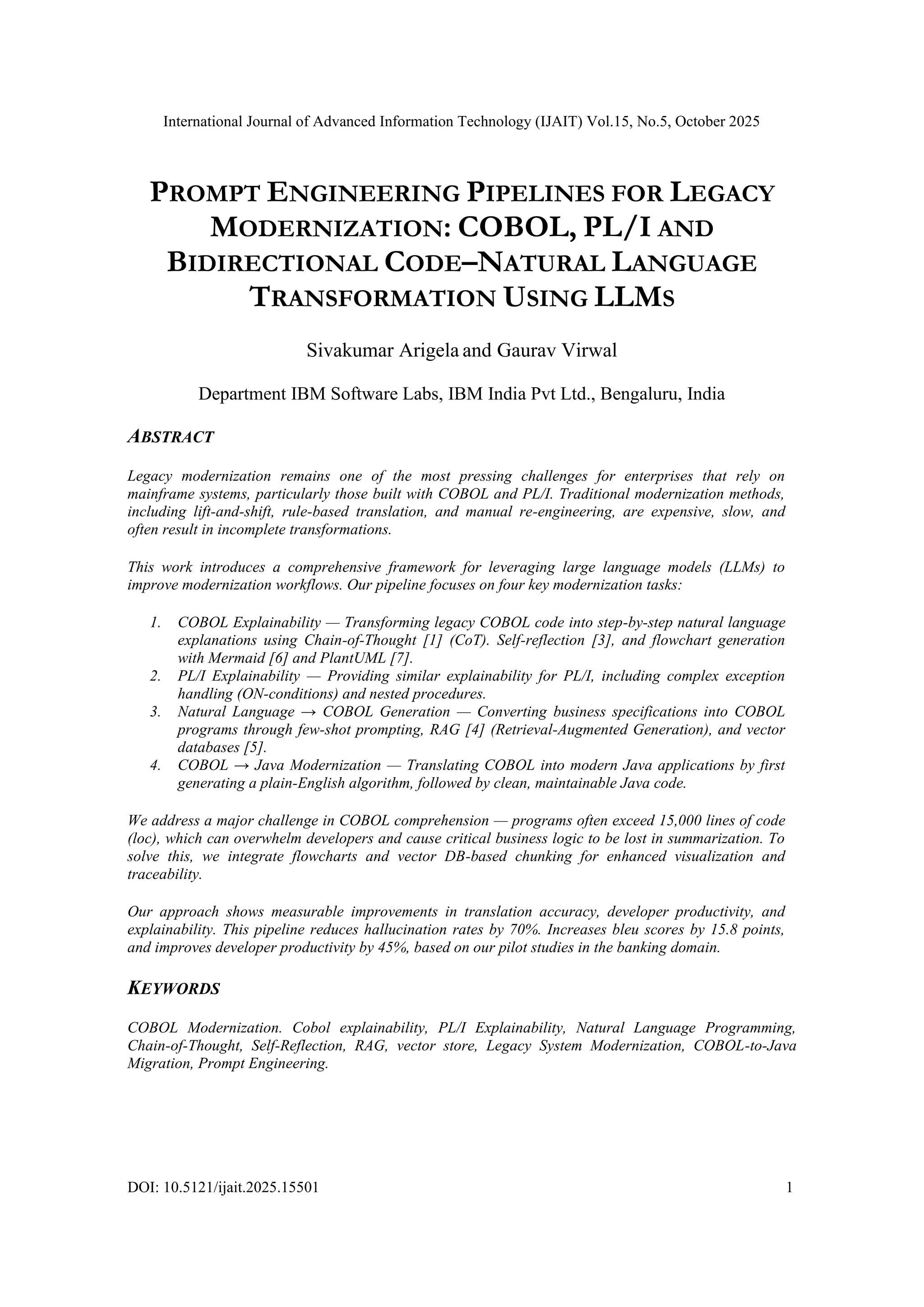PROMPT ENGINEERING PIPELINES FOR LEGACY MODERNIZATION: COBOL, PL/I AND BIDIRECTIONAL CODE ...