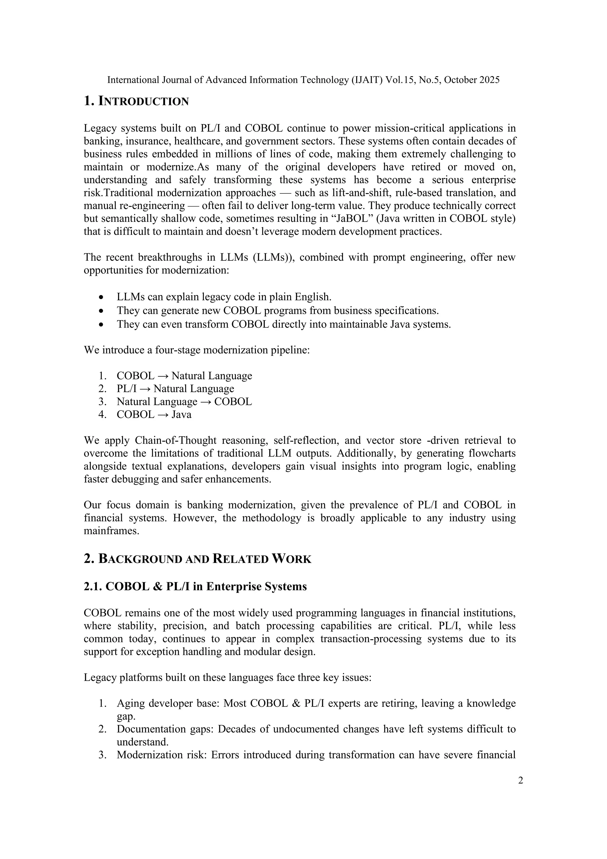 PROMPT ENGINEERING PIPELINES FOR LEGACY MODERNIZATION: COBOL, PL/I AND BIDIRECTIONAL CODE ...