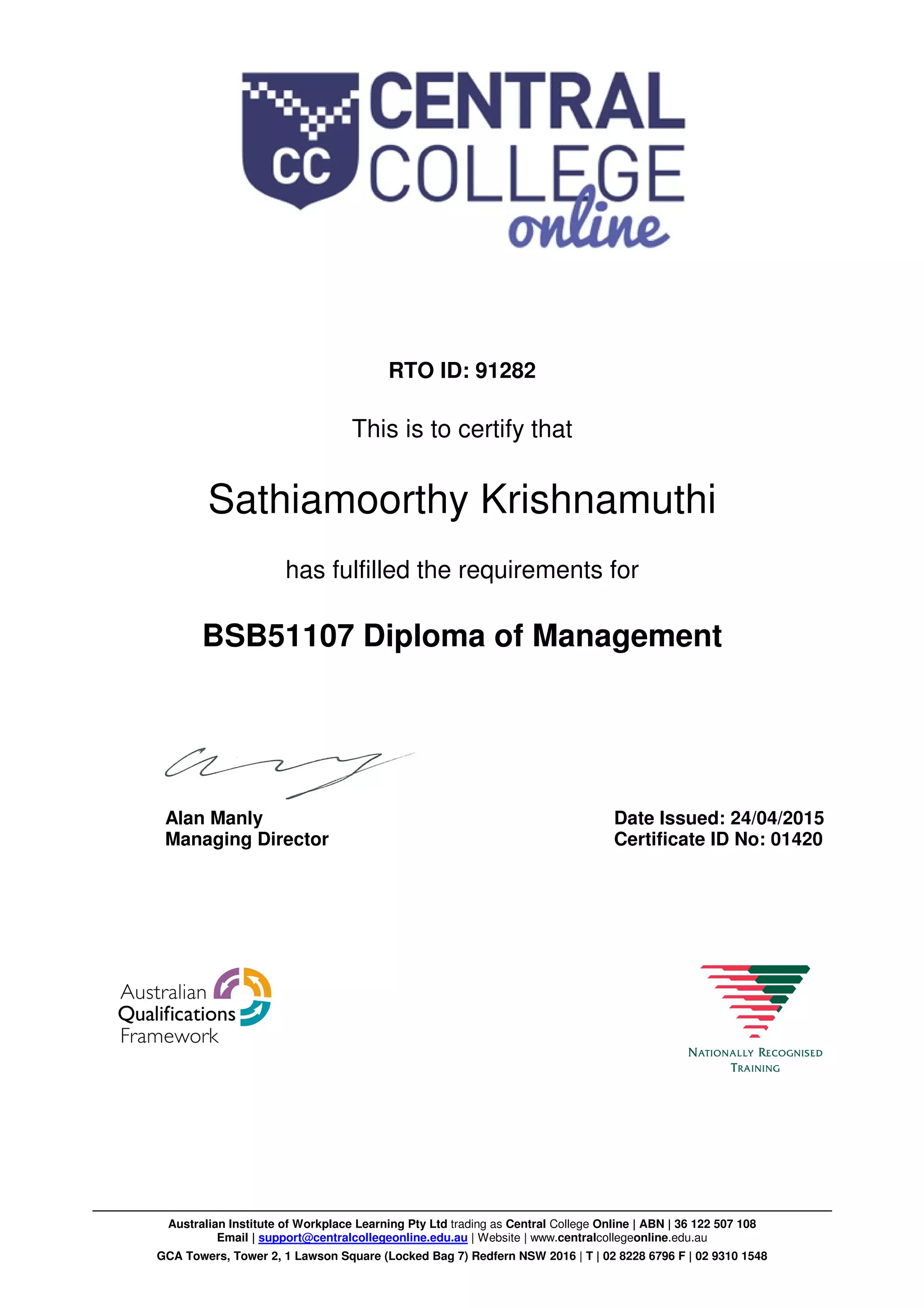 CCO_Certificate-SathiamourthyKrishnamuthi-DiplomaofManagement | PDF
