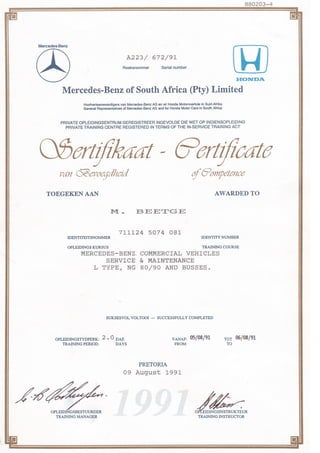 M Beetge - 2. Certificate of Competence Mercedes-Benz | PDF
