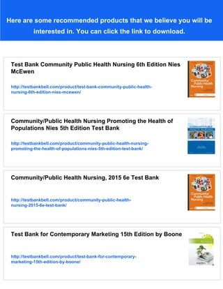 Test Bank for Community Public Health Nursing 7th Edition by Nies | PDF