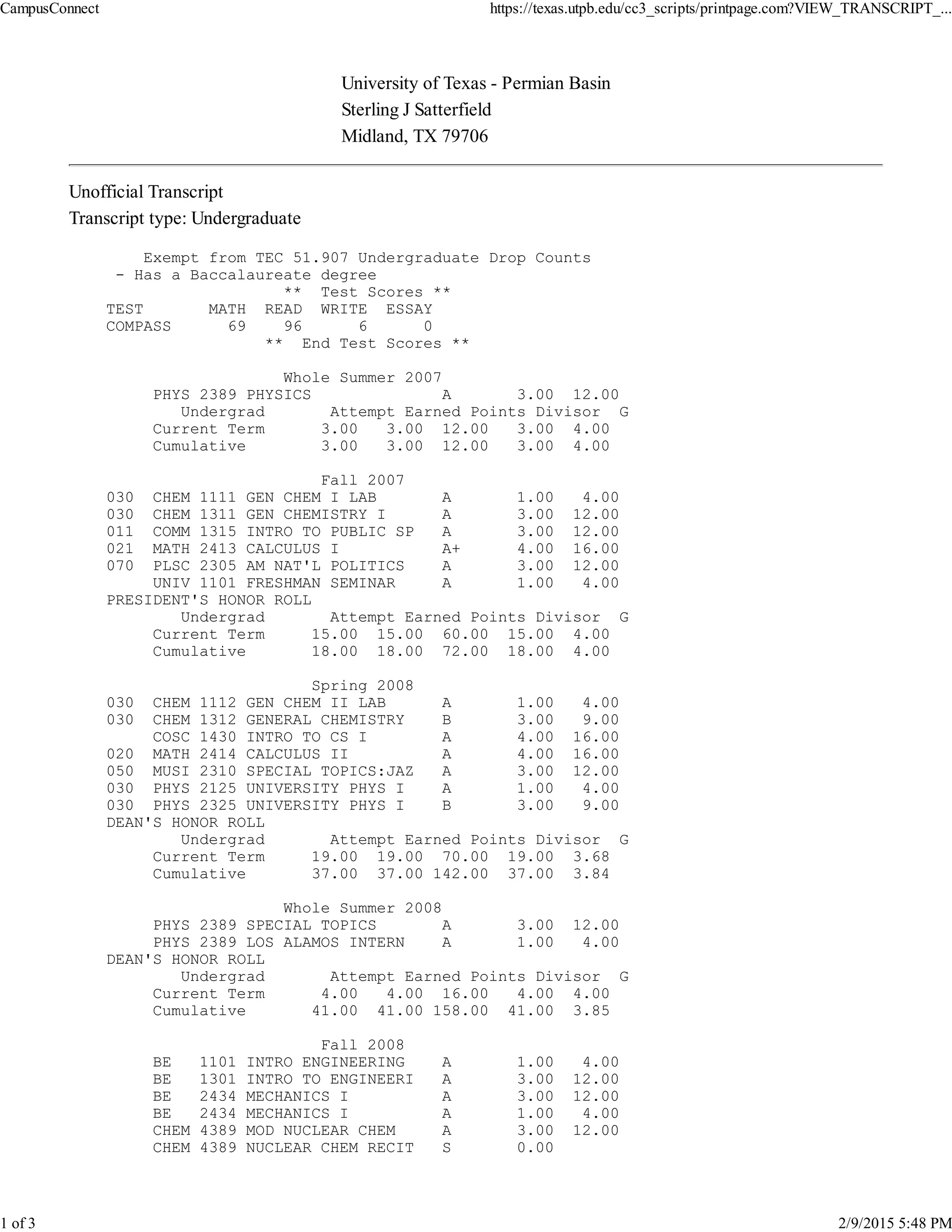 UTPBUndergraduateTranscript-Satterfield | PDF