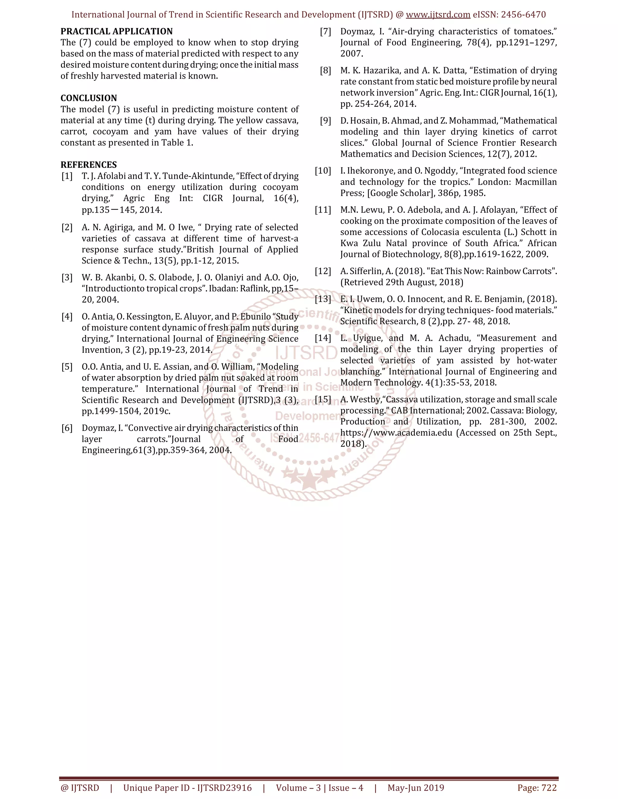 Determination Of Drying Constants Of Some Selected Roots And Tubers Pdf