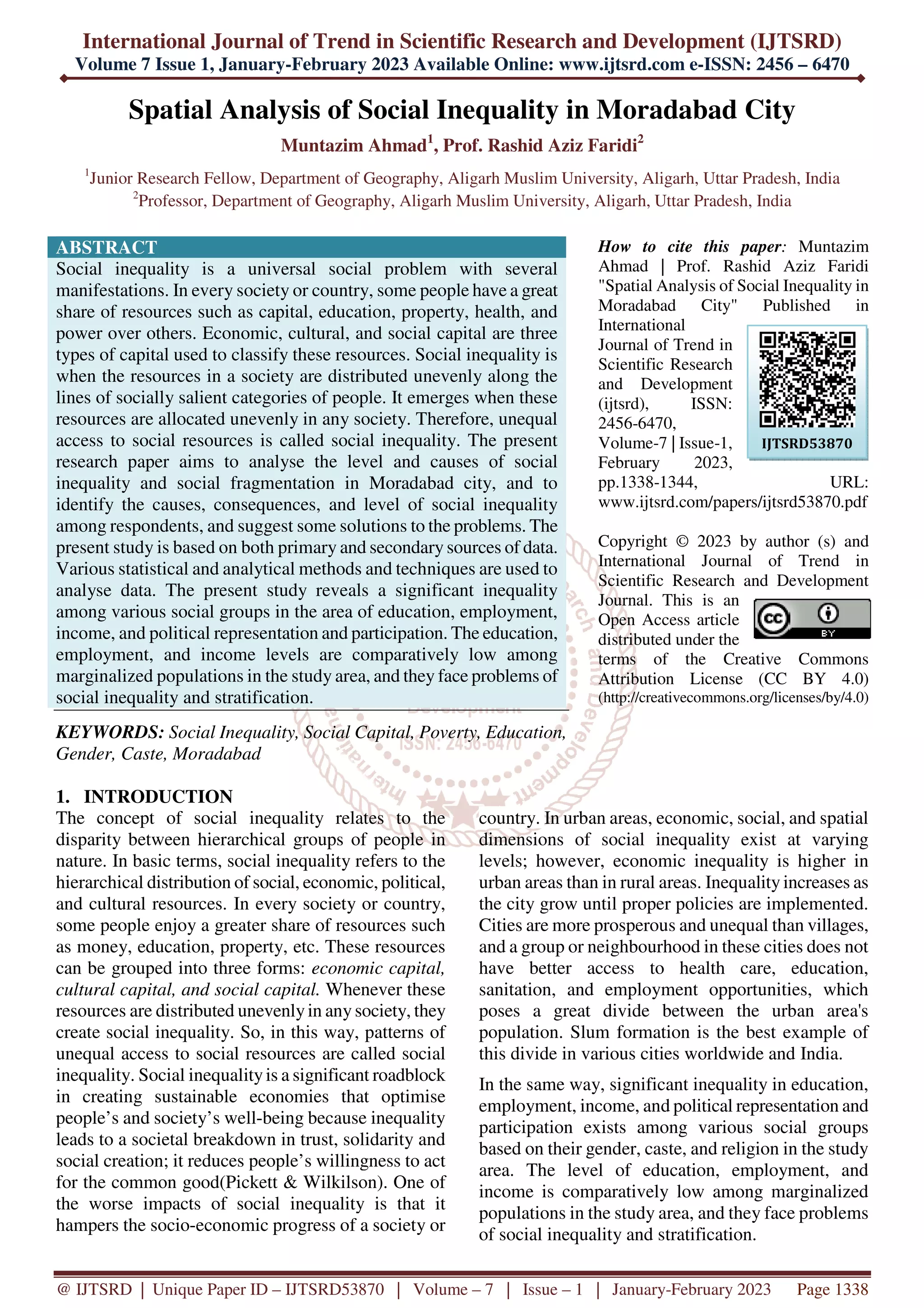 Spatial Analysis of Social Inequality in Moradabad City | PDF