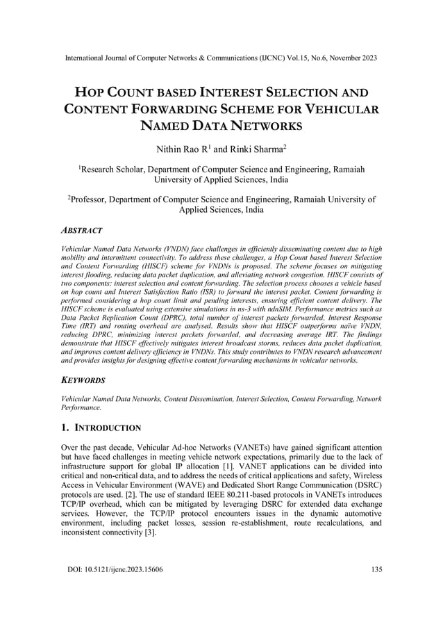 Hop Count Based Interest Selection and Content Forwarding Scheme for Vehicular Named Data ...