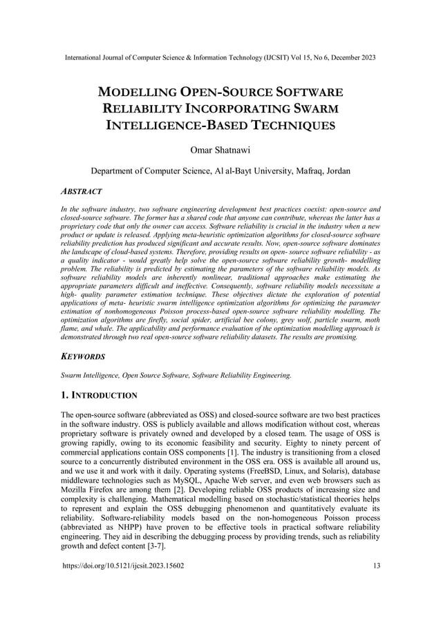 Modelling Open-Source Software Reliability Incorporating Swarm Intelligence-Based Techniques | PDF