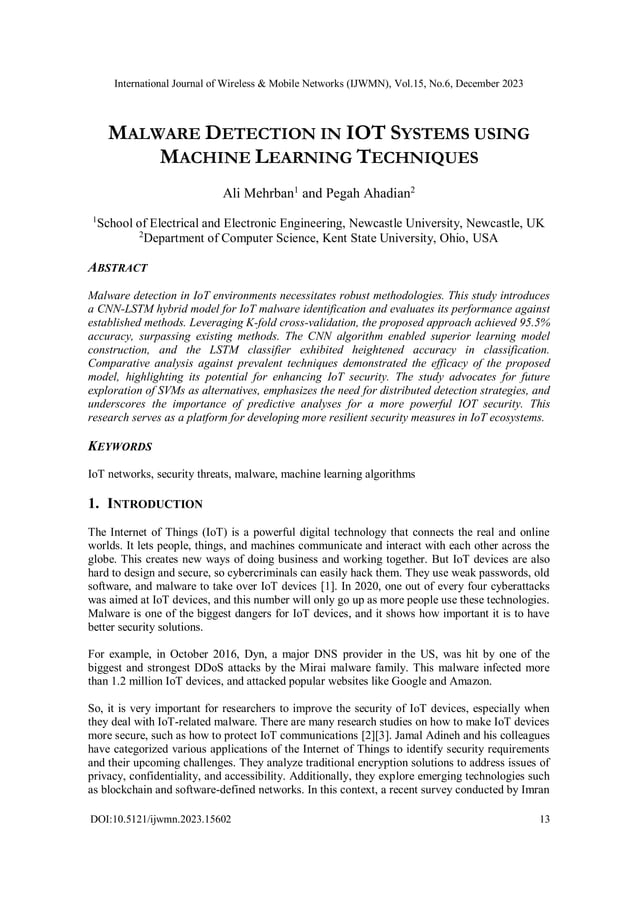 Malware Detection In Iot Systems Using Machine Learning Techniques Pdf