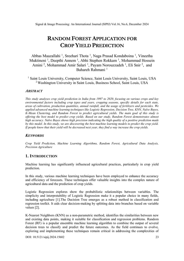 RANDOM FOREST APPLICATION FOR CROP YIELD PREDICTION | PDF