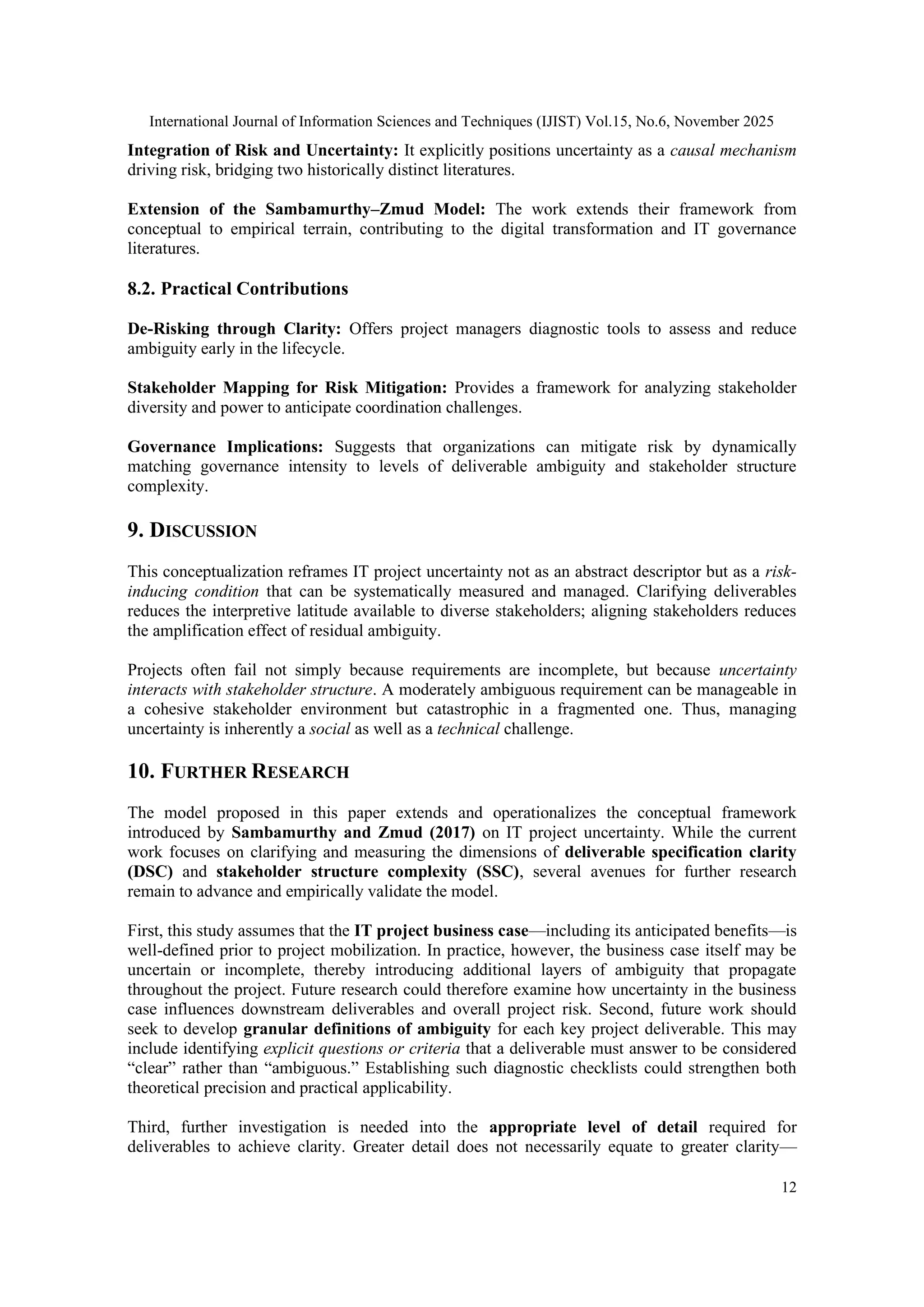 REVISITING IT PROJECT UNCERTAINTY: OPERATIONALIZING THE SAMBAMURTHY–ZMUD MODEL FOR DE-RISKING ...