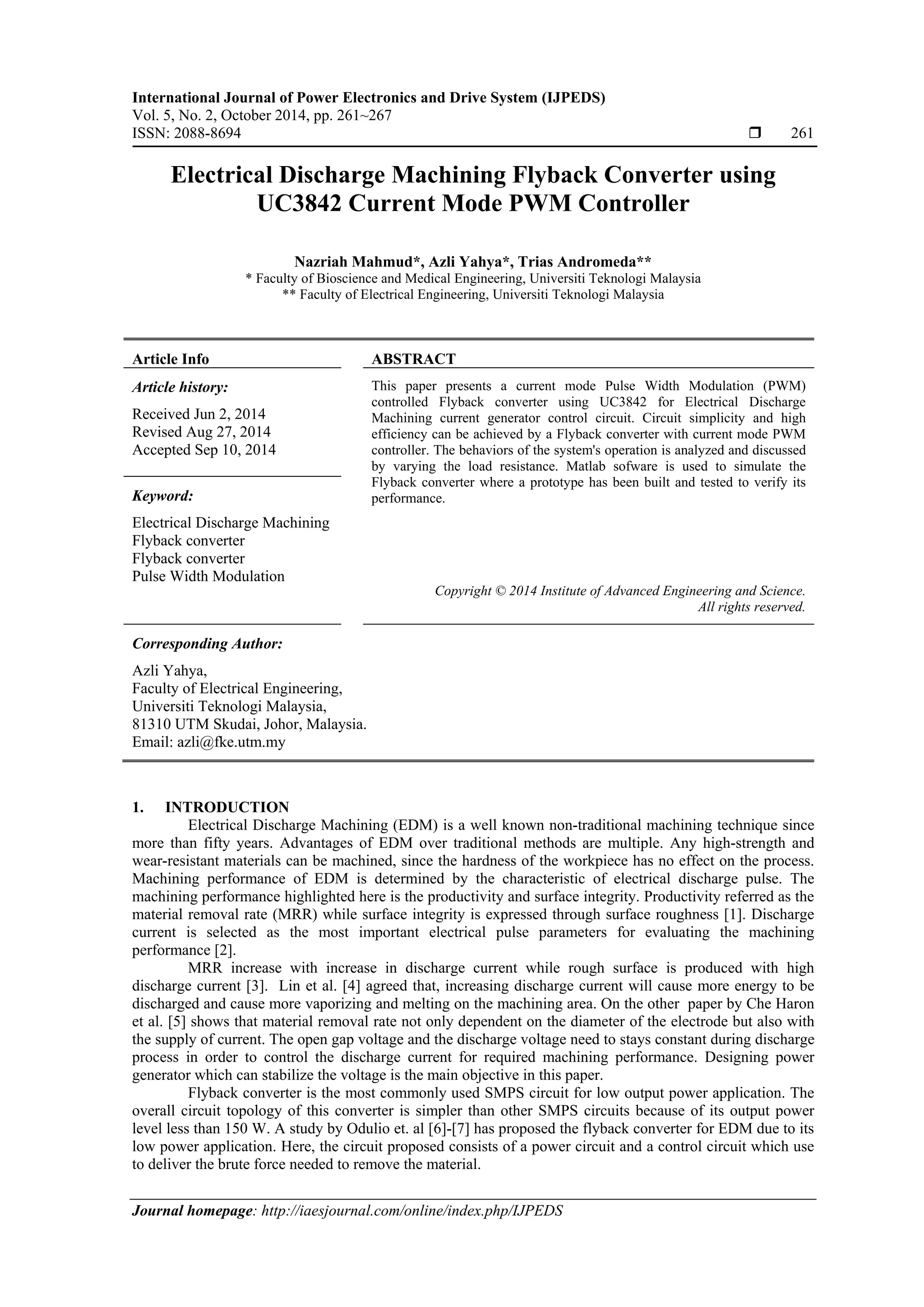 Electrical Discharge Machining Flyback Converter using UC3842 Current Mode PWM ...