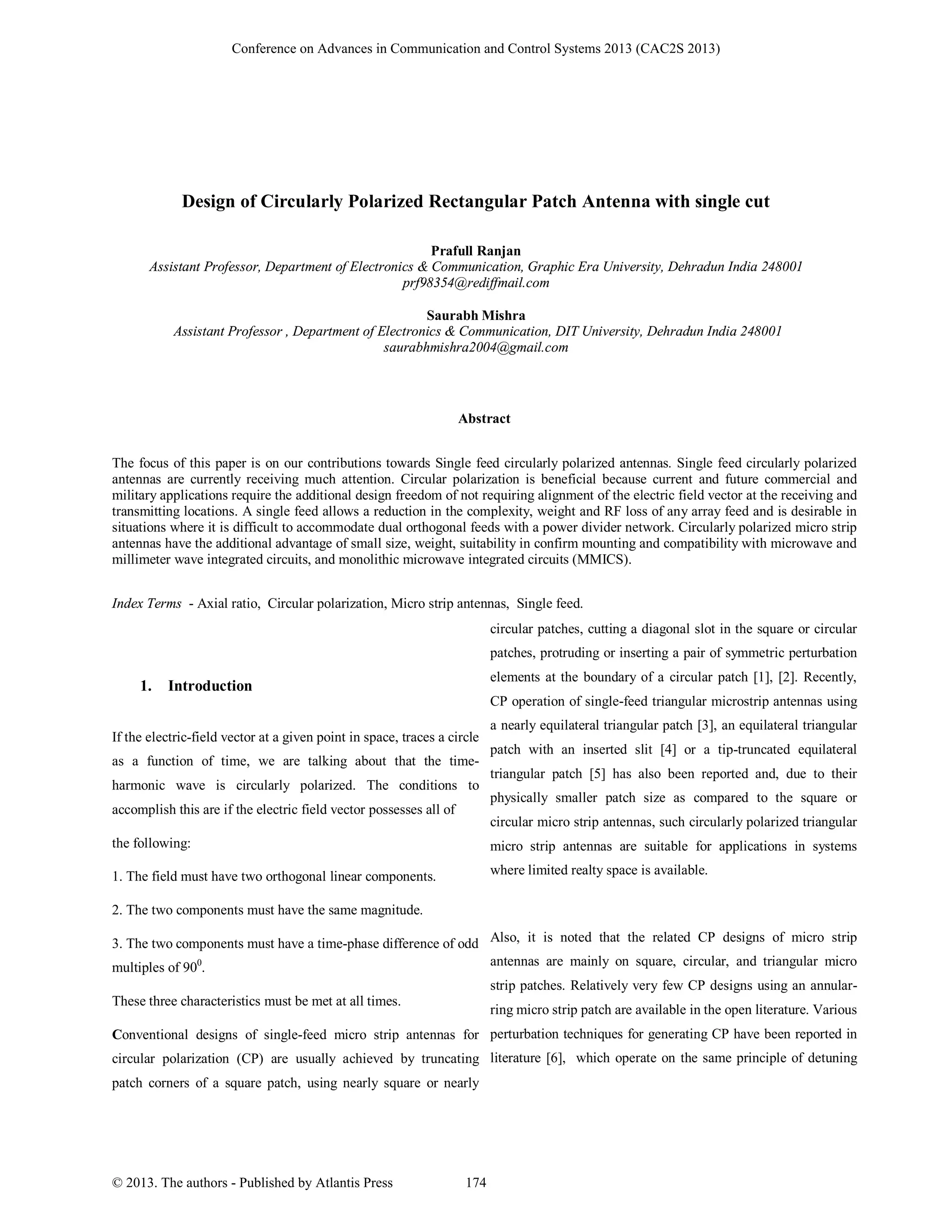 Design of Circularly Polarized Rectangular Patch Antenna with single cut | PDF