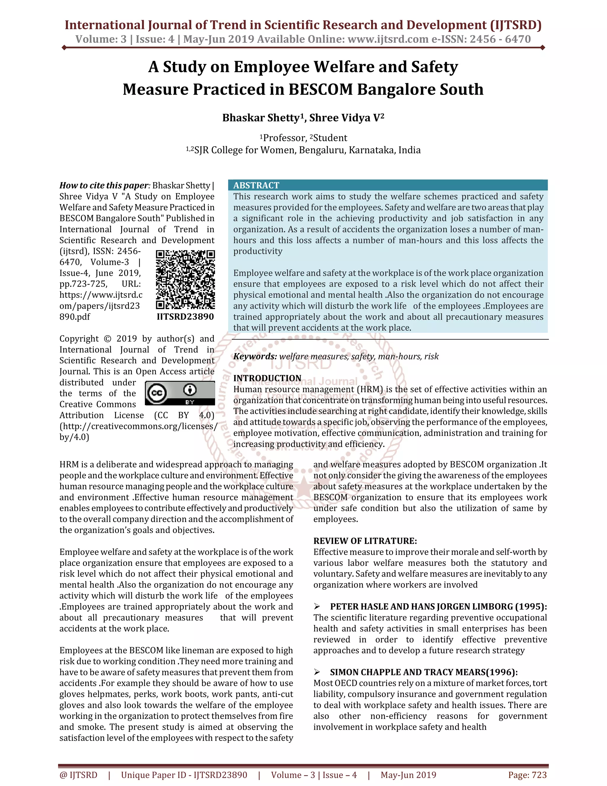 A Study on Employee Welfare and Safety Measure Practiced in BESCOM ...