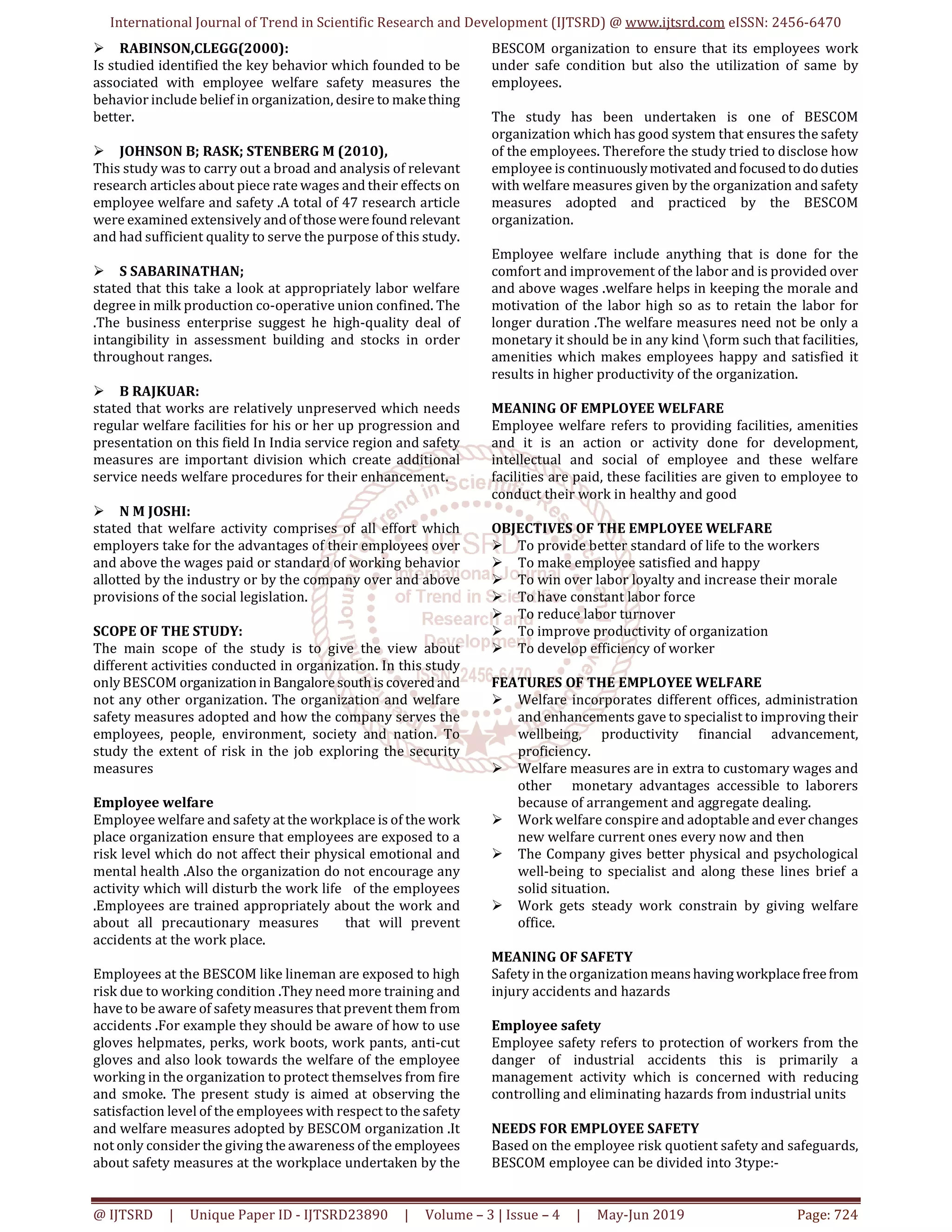 A Study on Employee Welfare and Safety Measure Practiced in BESCOM ...