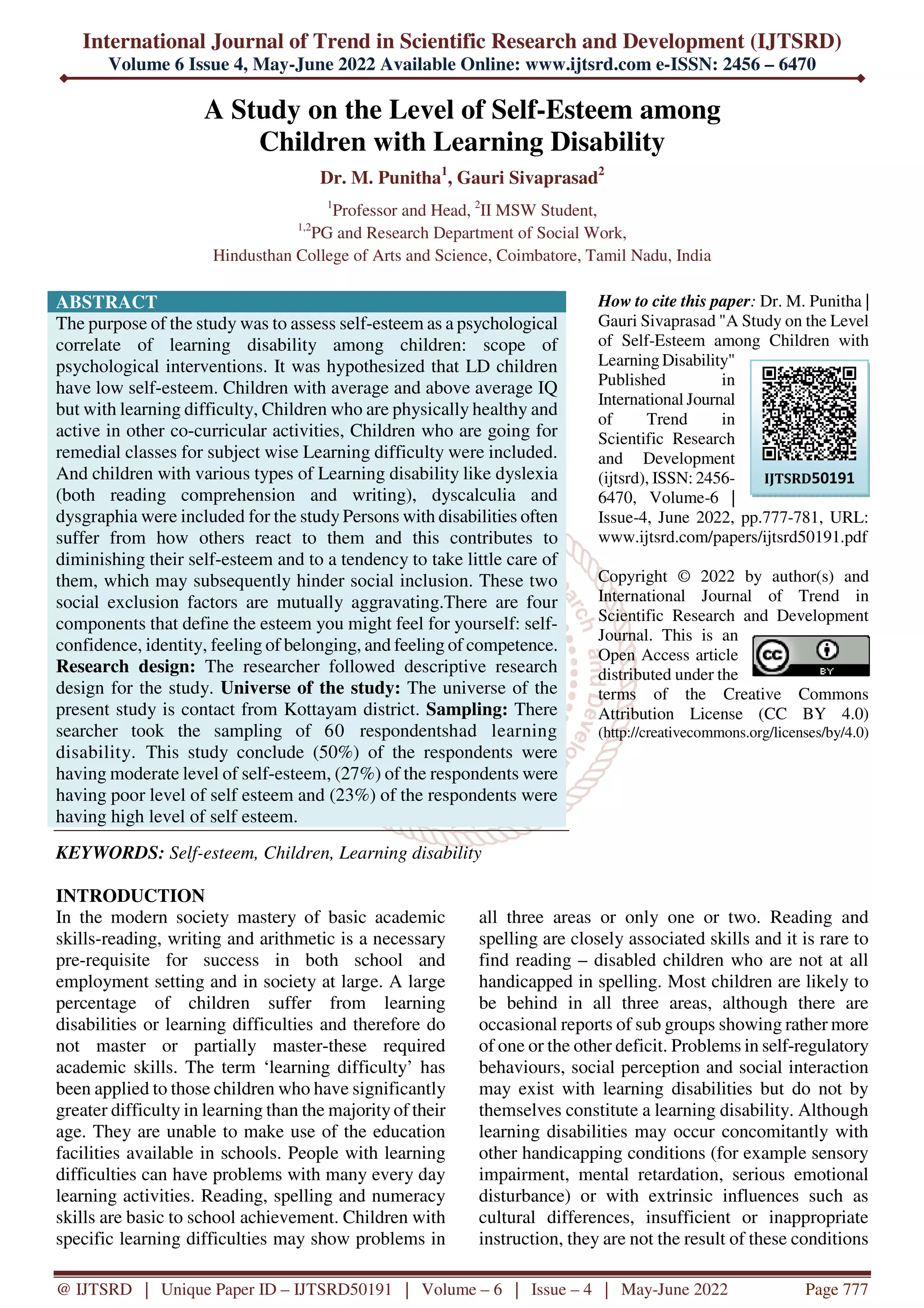 A Study on the Level of Self Esteem among Children with Learning Disability | PDF