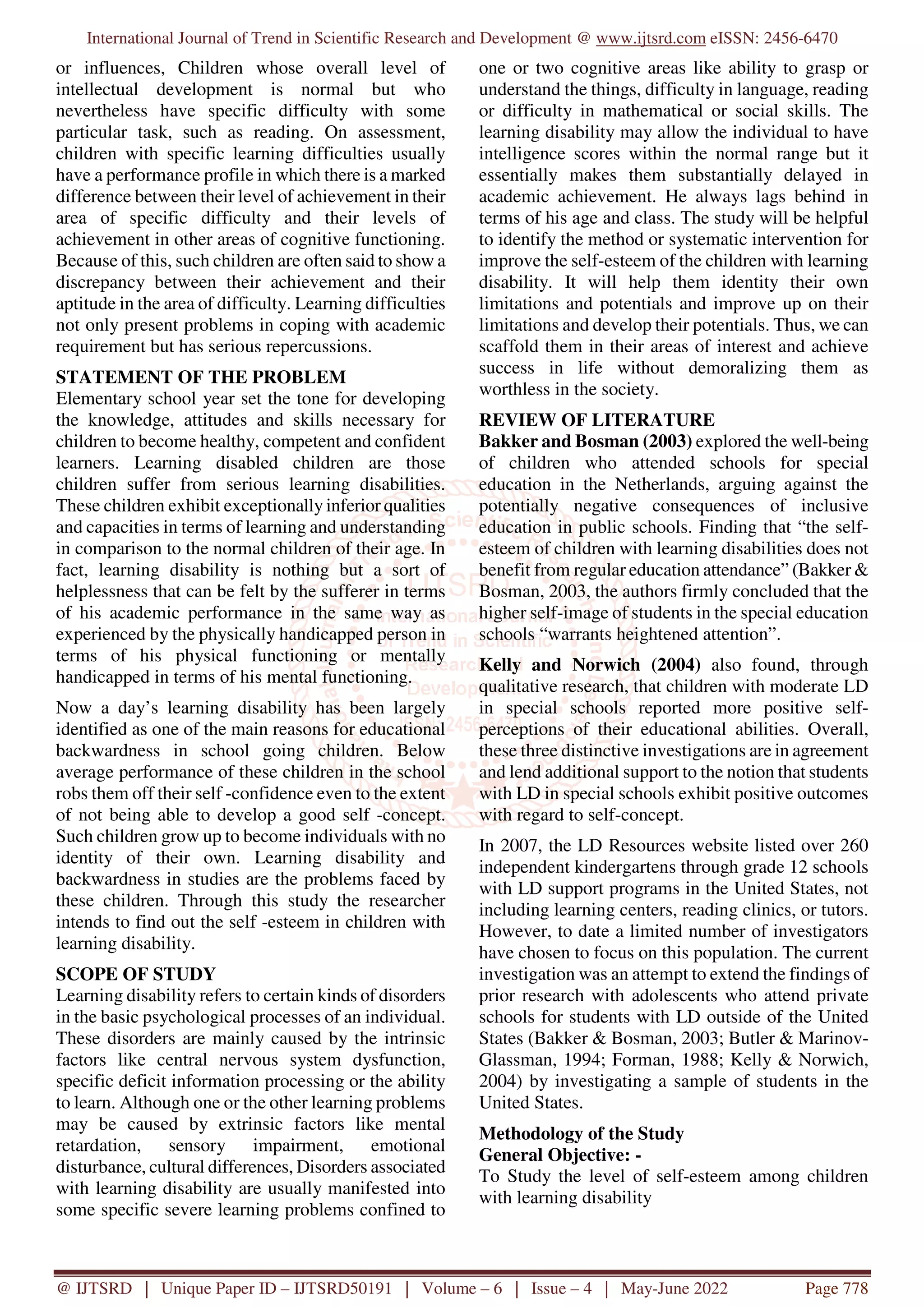 A Study on the Level of Self Esteem among Children with Learning Disability | PDF