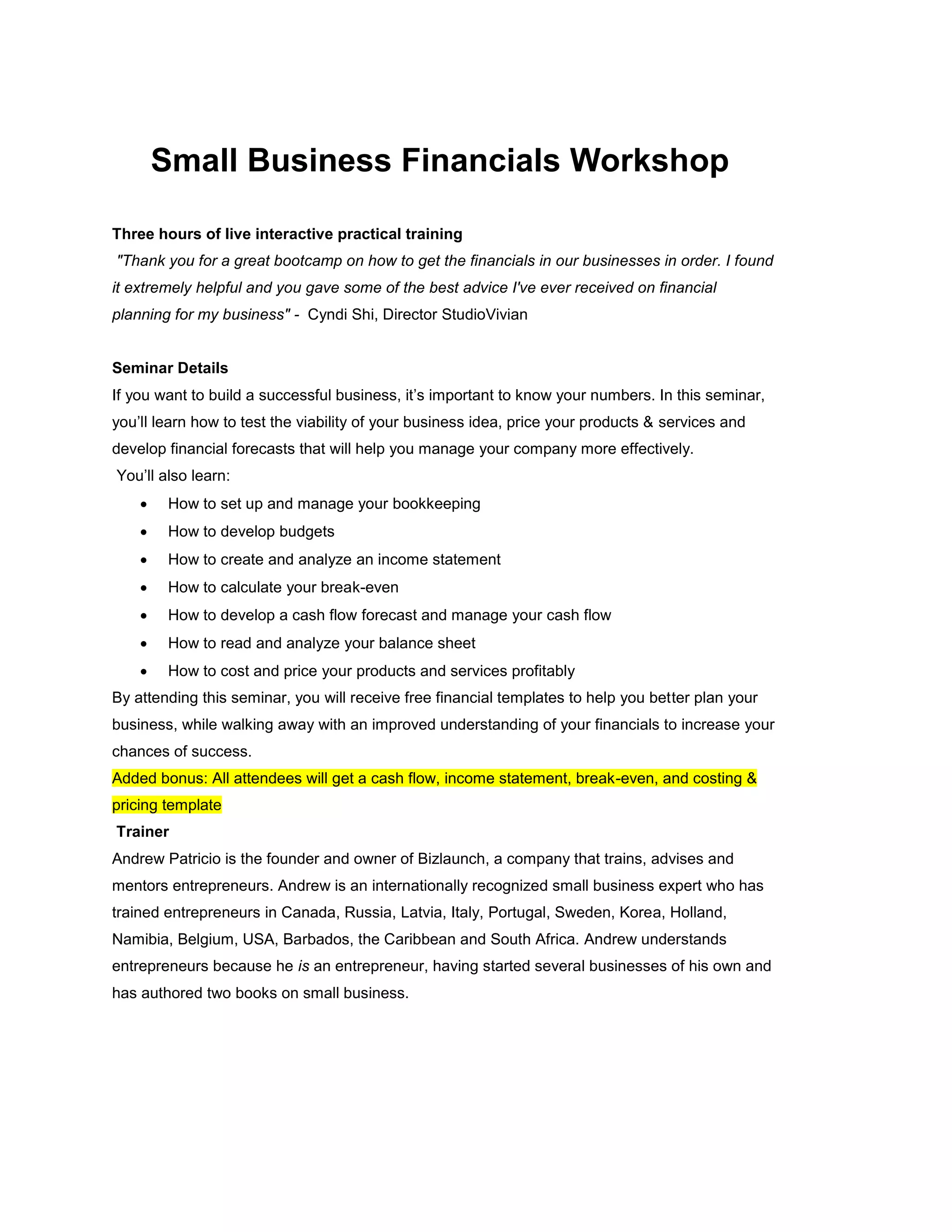 Small Business Financials Workshop | PDF