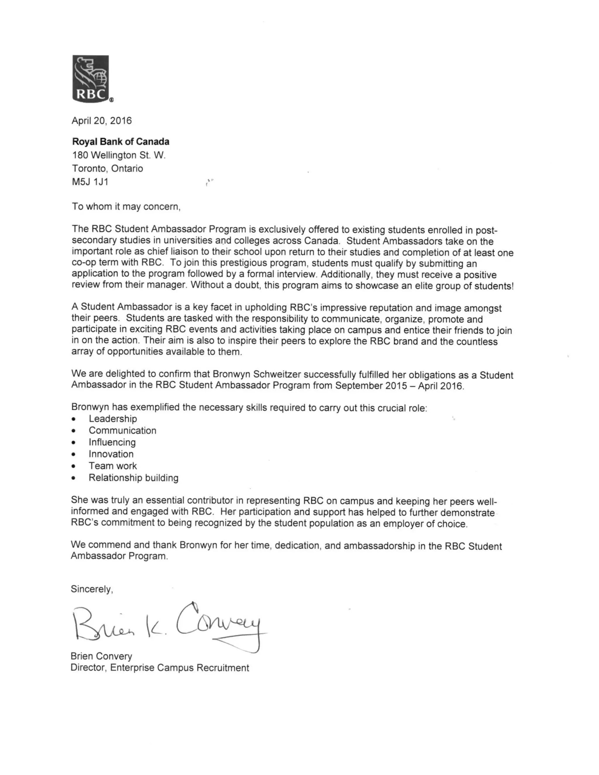 Bronwyn Schweitzer -RBC Ambassador Reference Letter | PDF