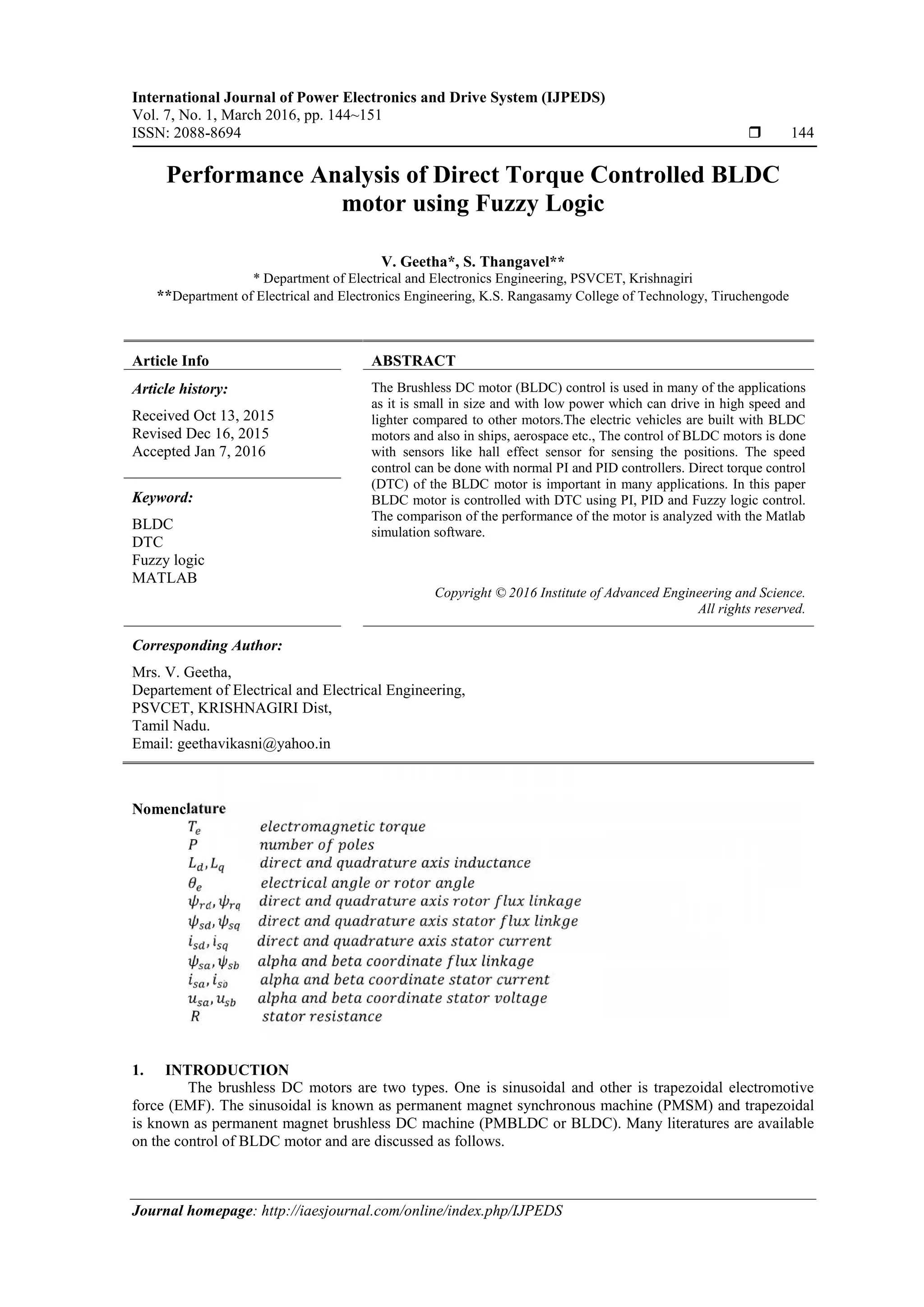Performance Analysis Of Direct Torque Controlled Bldc Motor Using Fuzzy