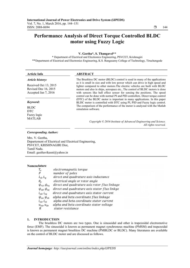 Performance Analysis Of Direct Torque Controlled Bldc Motor Using Fuzzy Logic Pdf Free Download
