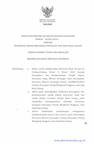 156pmk 062017 penerapan prinsip pengguna jasa lelang | PDF