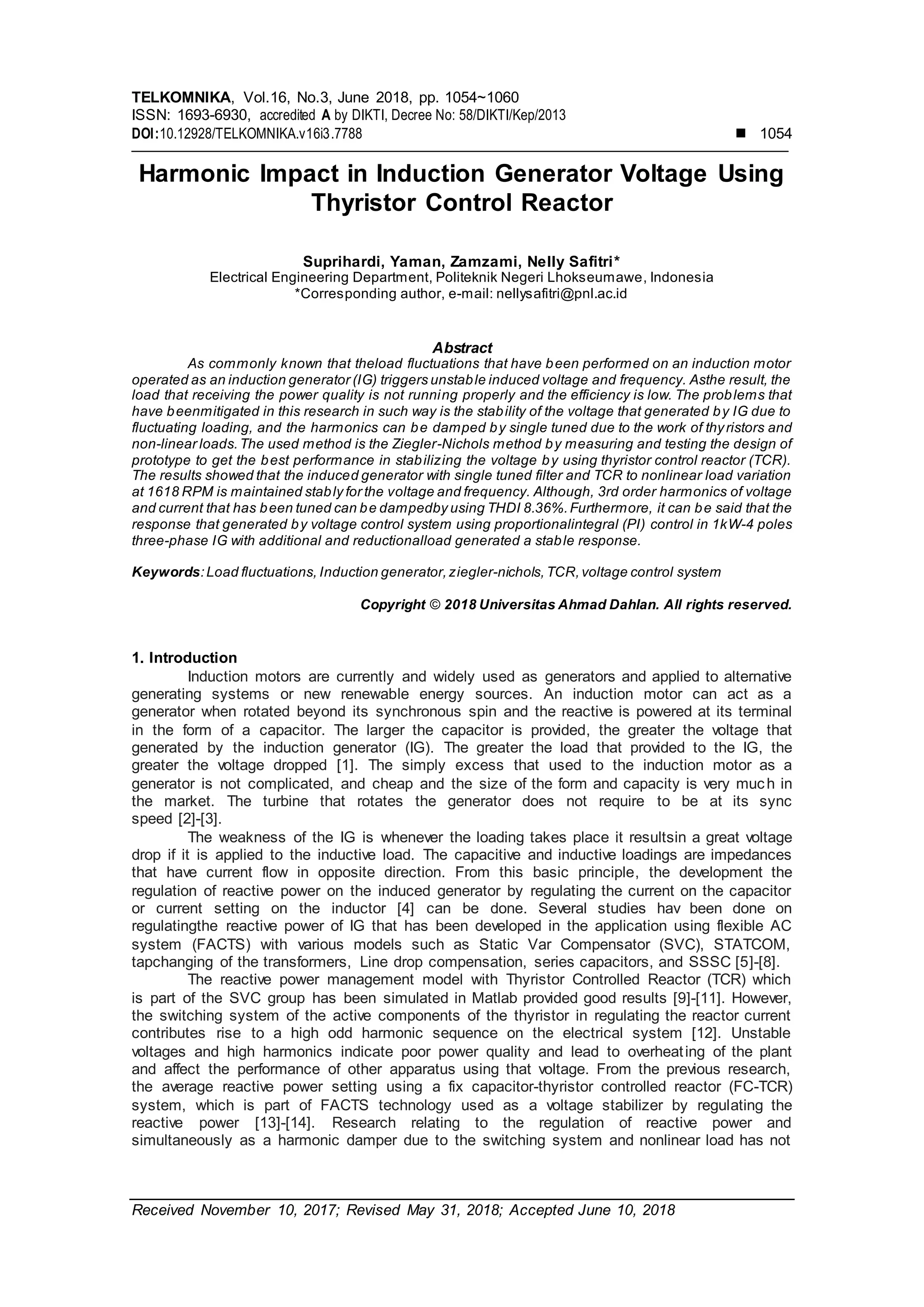 Harmonic Impact in Induction Generator Voltage Using Thyristor Control ...