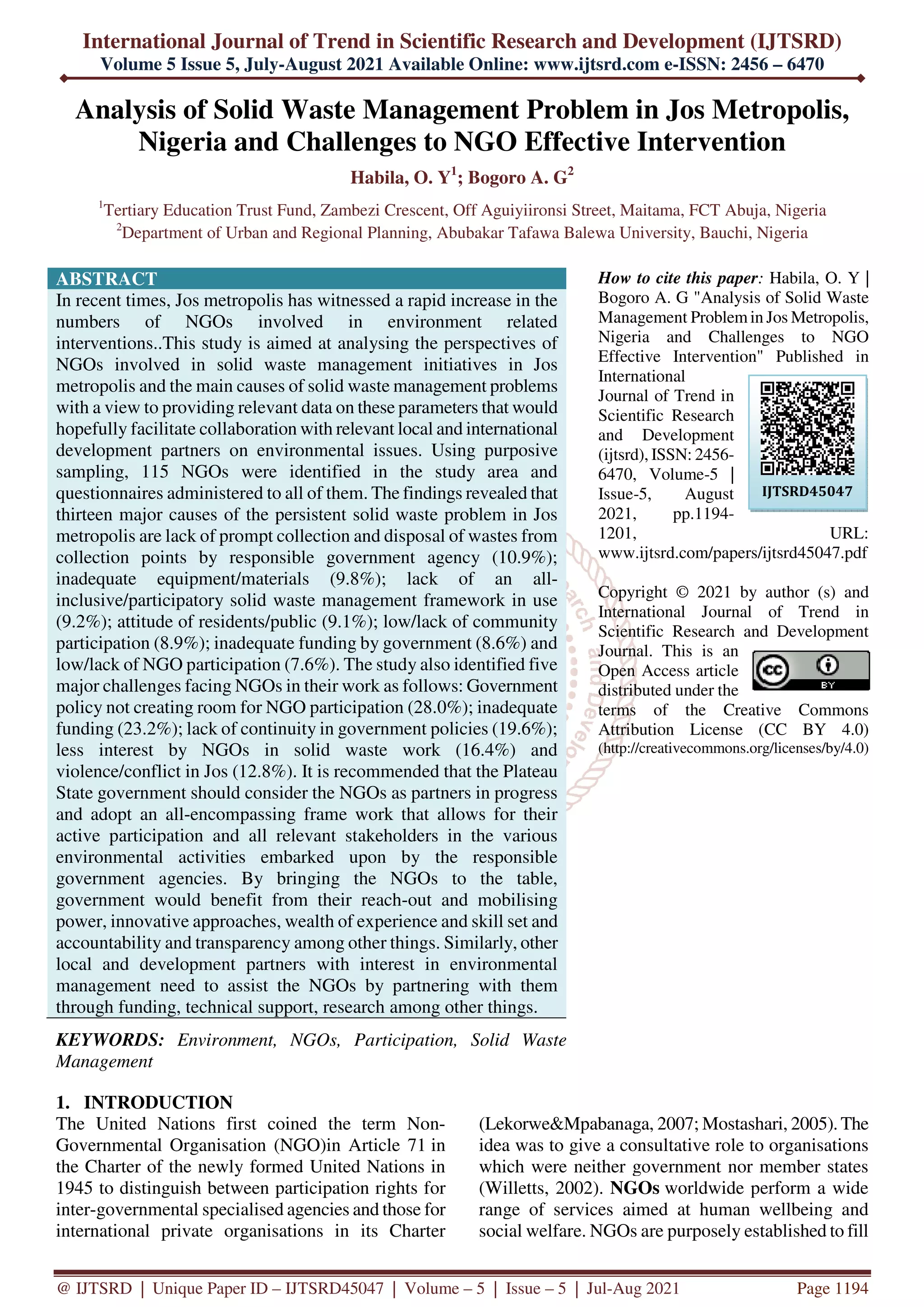 Analysis of Solid Waste Management Problem in Jos Metropolis, Nigeria ...