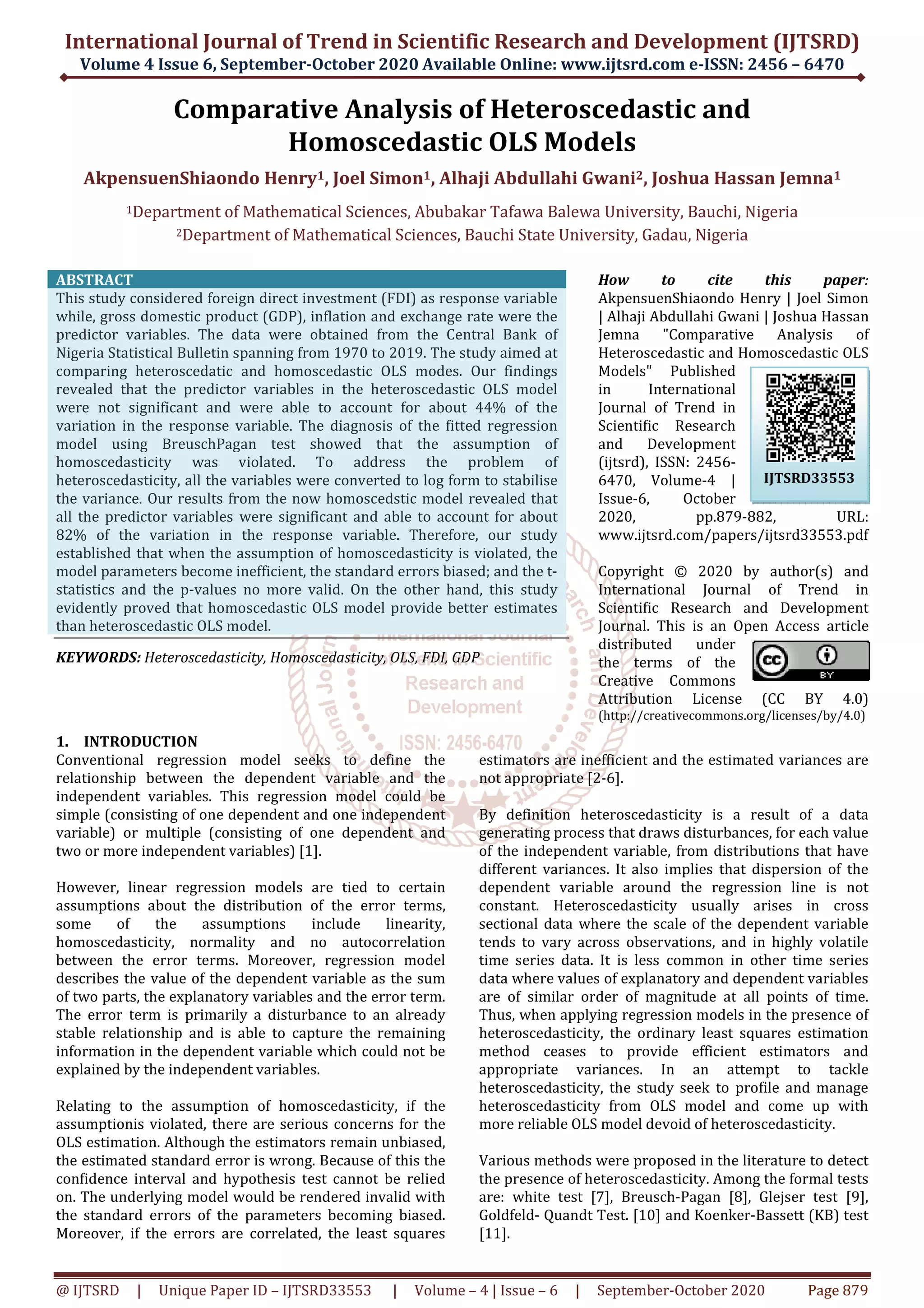 Comparative Analysis of Heteroscedastic and Homoscedastic OLS Models | PDF