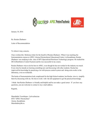 Letter of Recommendation for Ruslan Zhubanov | PDF