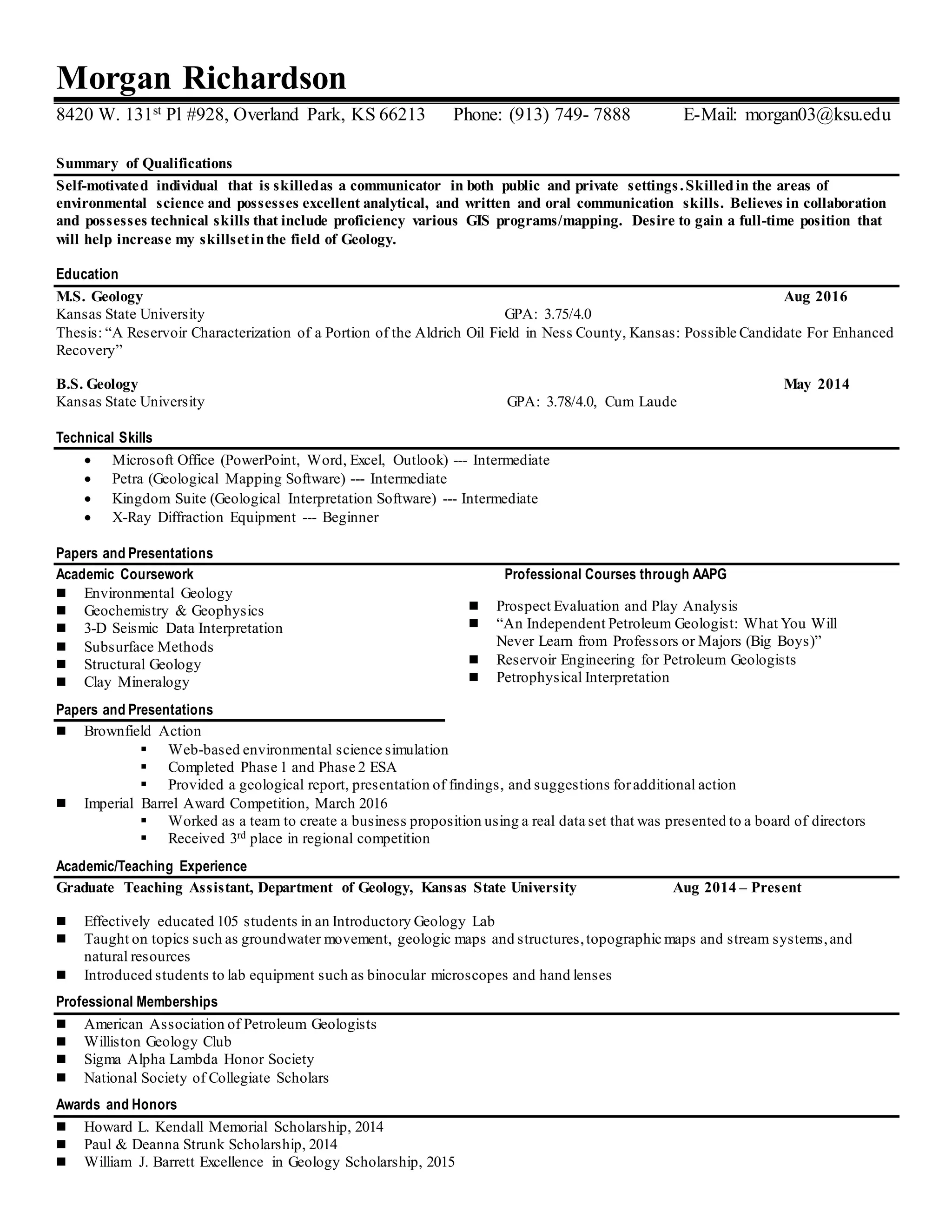 Richardson Resume | DOCX | Geology | Science