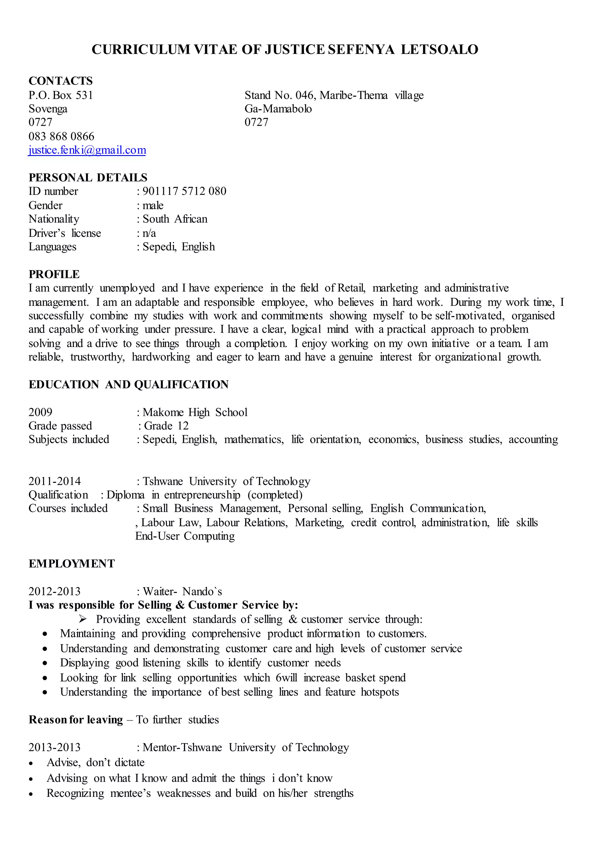 CURRICULUM VITAE OF LETSOALO | DOCX