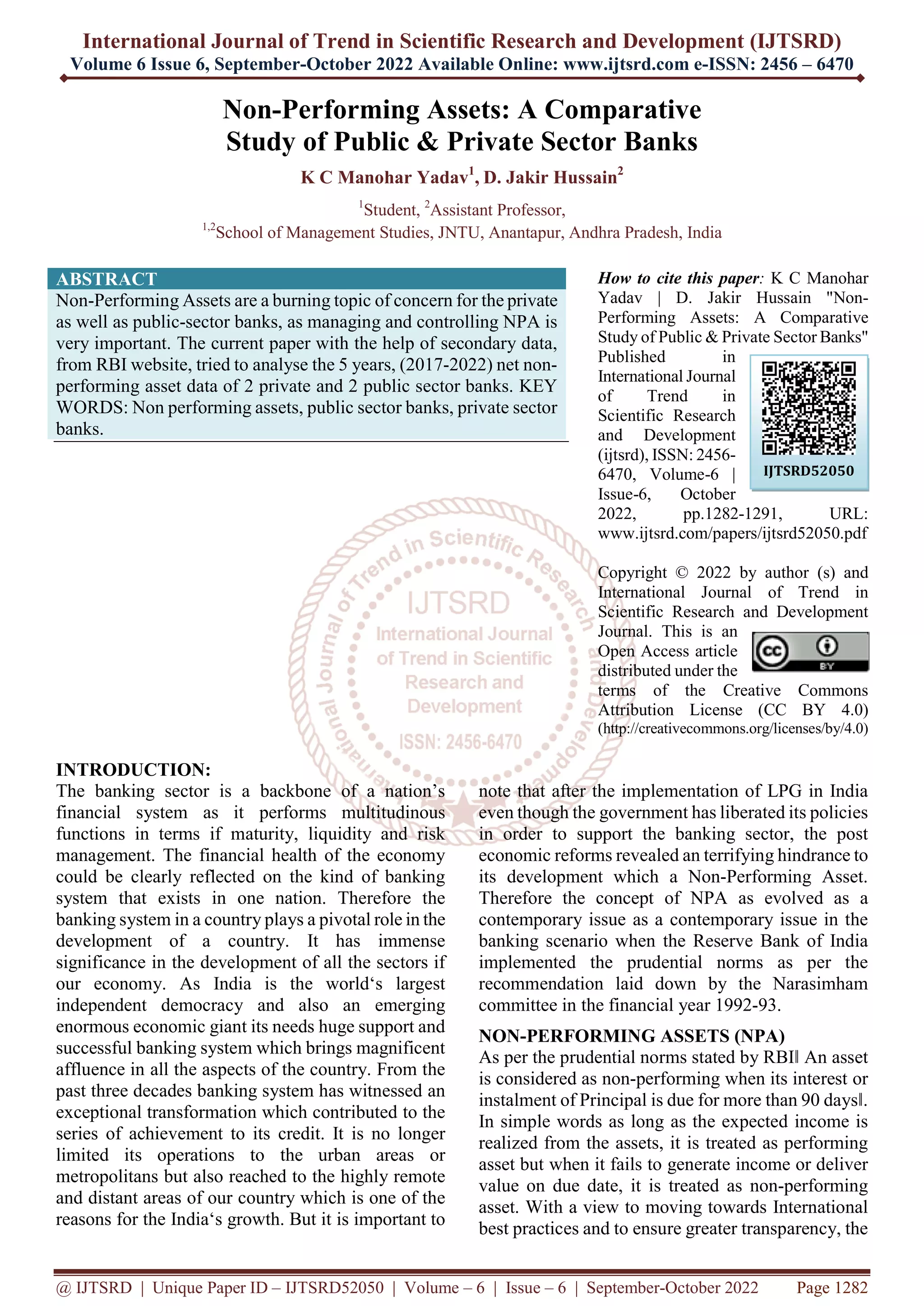 Non Performing Assets A Comparative Study of Public and Private Sector Banks | PDF